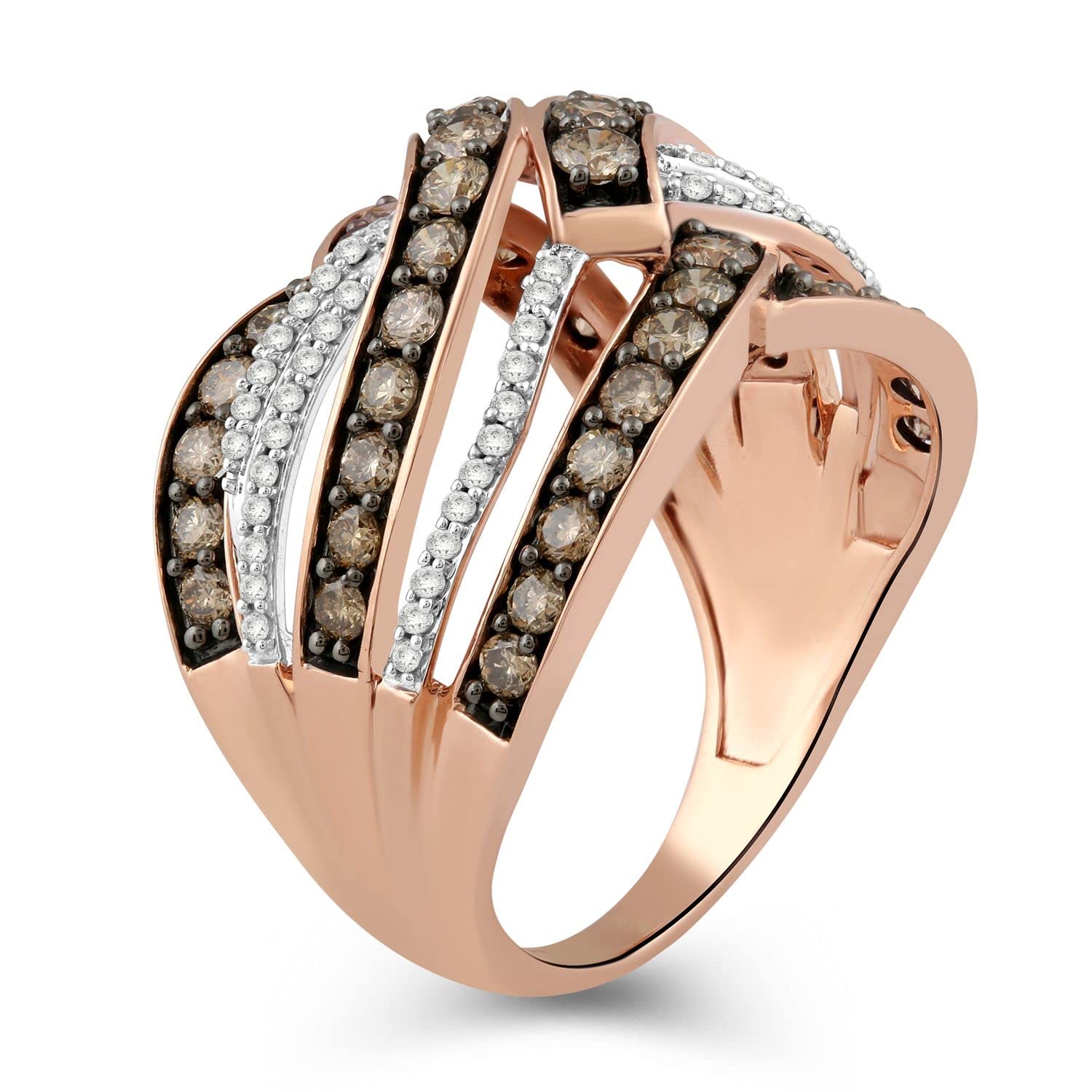 Jewelili 10K Rose Gold 1 1/2 Cttw Natural Champagne and White Round Diamonds Crossover Ring, Size 7