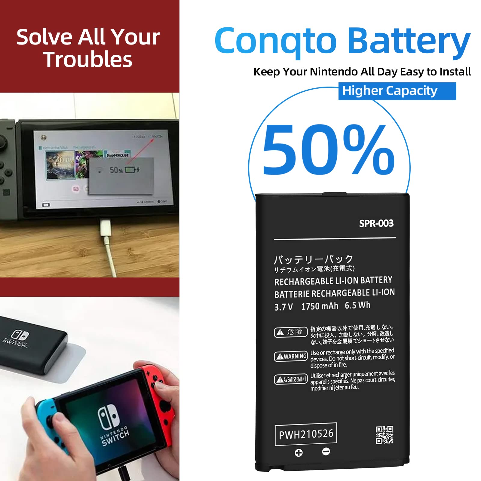 New 3DS XS SPR-003 Replacement Battery for Nintendo 3DS XL and N3DS XL, 1750Mah High Capacity Switch 3DS XL Battery, This Battery Not Compatible with Regular 3DS