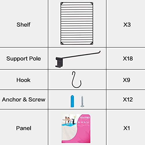 JIAMI HOME Yoga Mat Rack Wall Mount Foam Roller Storage Gym Organizer Yoga Mats Holder Yoga Mat Organizers and Storage Metal Grid Hooks Adjustable