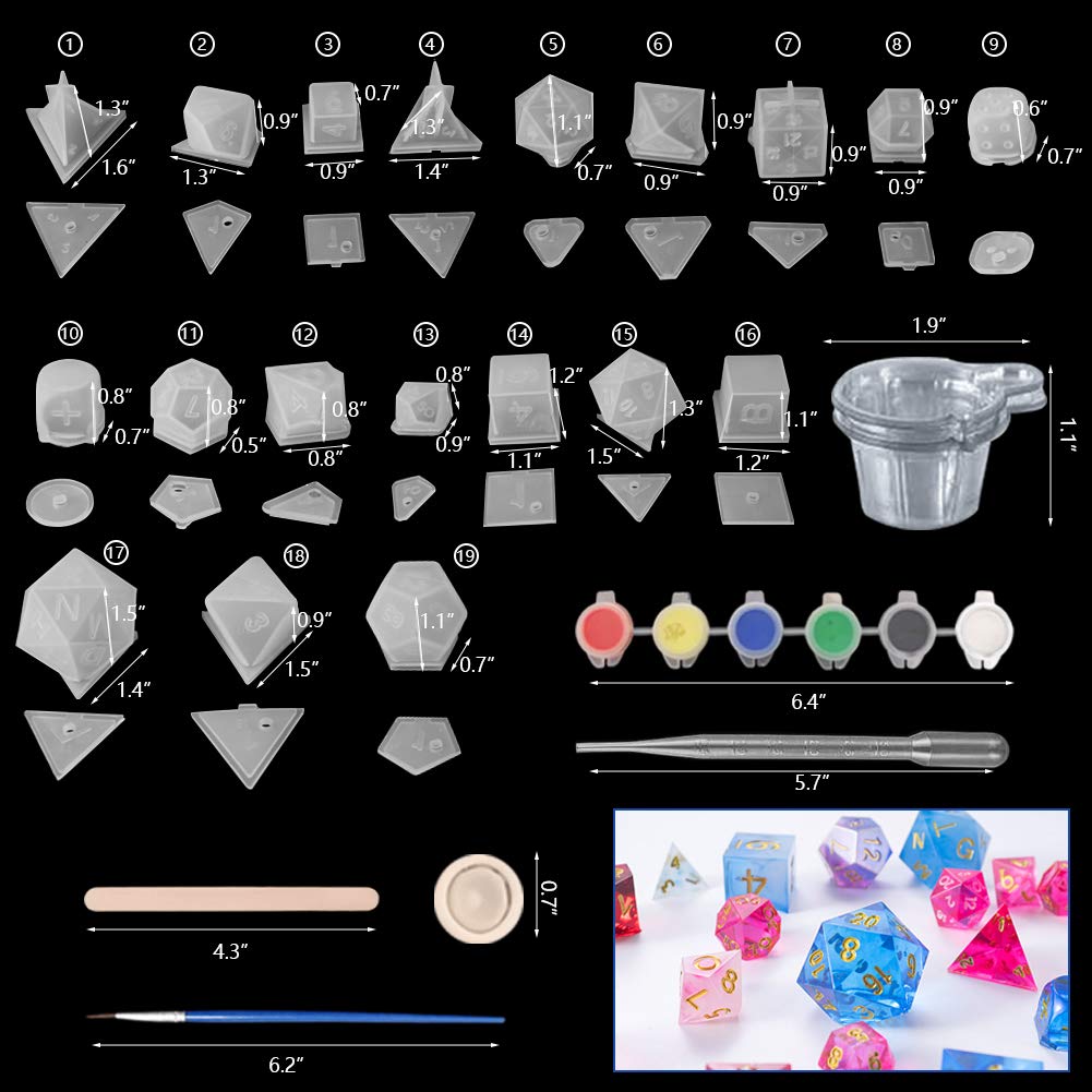 Juanya Dice Molds for Resin, 19 Styles Polyhedral Game Silicone Resin Dice Molds with Mixing Sticks, Finger Cots, Cups, Droppers and Acrylic Paints for Resin Lovers Table Games DIY Making