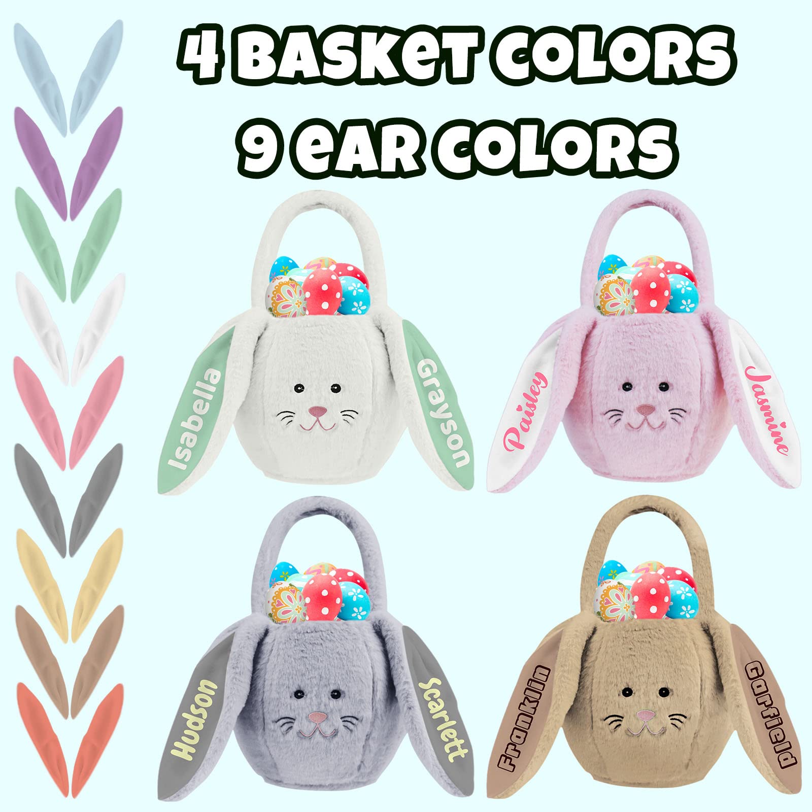 Personalized Easter Basket with Name Custom Plush Easter Buny Baskets Long Ear Bags for Boys Girls Kids Eggs Candy Gifts