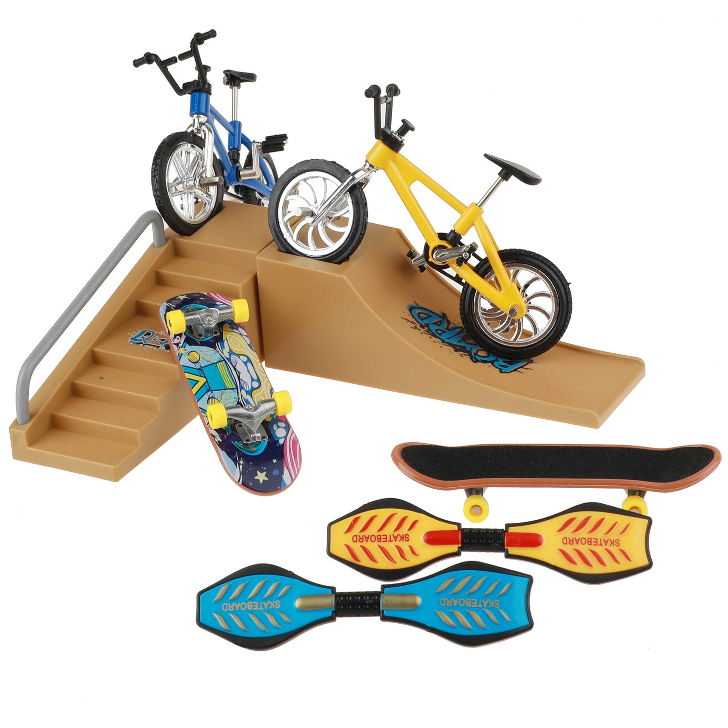 ideallife Skate Park Kit, Mini Finger Toys Set Finger Skateboards Finger Bikes Tiny Swing Board with Replacement Wheels and Tools (17 Pcs)