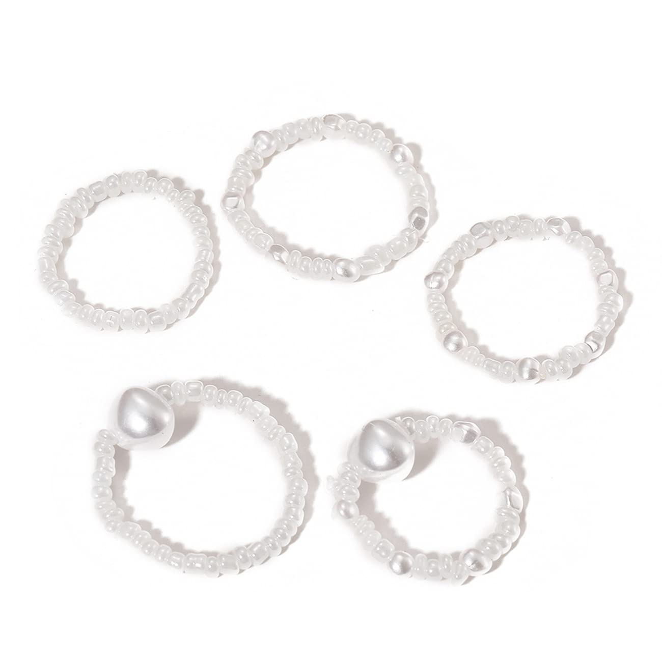 LARVOVUE 4 pcs White Pearl Adjustable Rings for Women and Handmade Stacking Stackable Beaded Rings (4 pcs White Pearl)