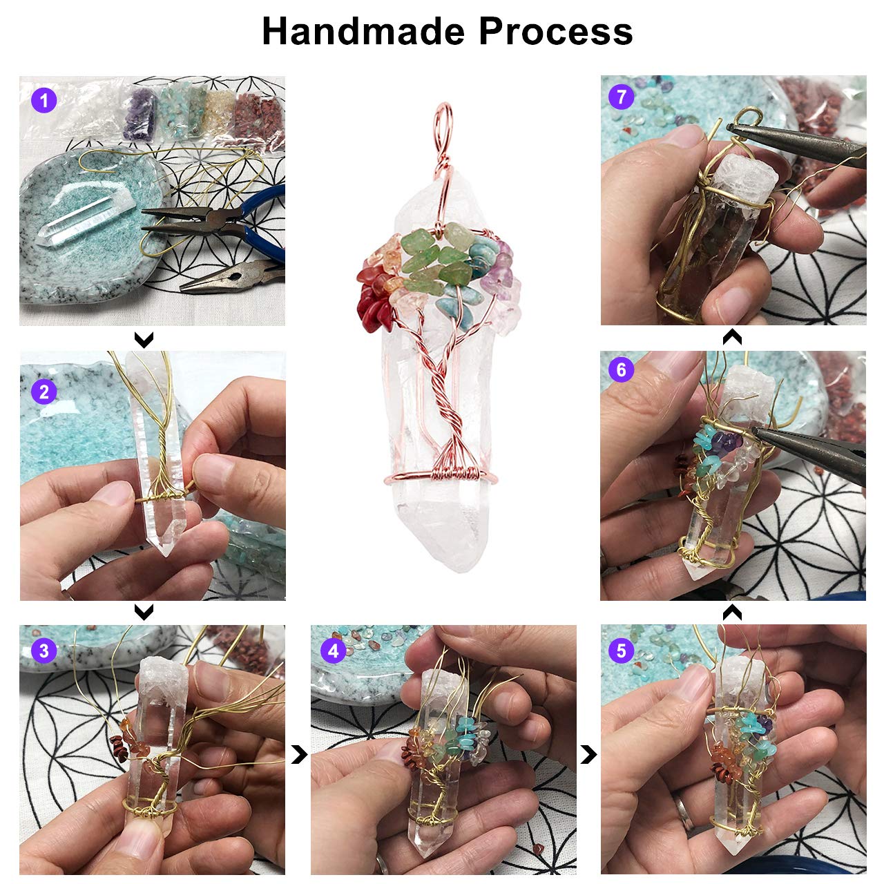 Jovivi 7 Chakra Gemstone Necklace Wire Wrapped Natural Clear Quartz & 7 Tumbled Stones Healing Crystal Point Pendant Necklace Mother's Day Gift