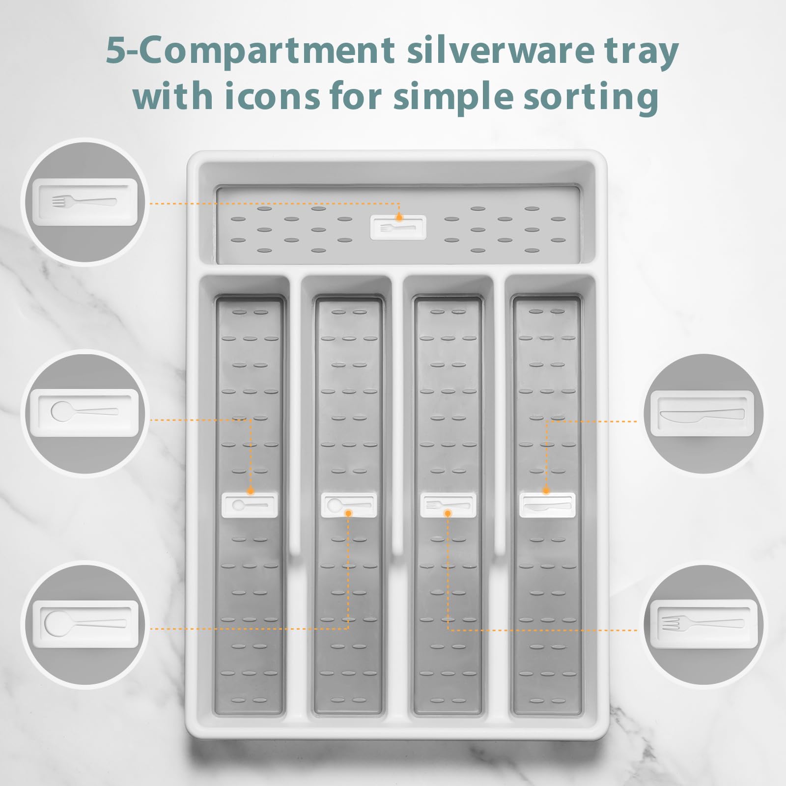 Joequality Silverware Organizer with Icons,Plastic Cutlery silverware Tray for Drawer,Utensil Flatware Tableware Organizer for Kitchen with Non-slip TPR,Fits Standard Drawer,5-Compartment,Grey