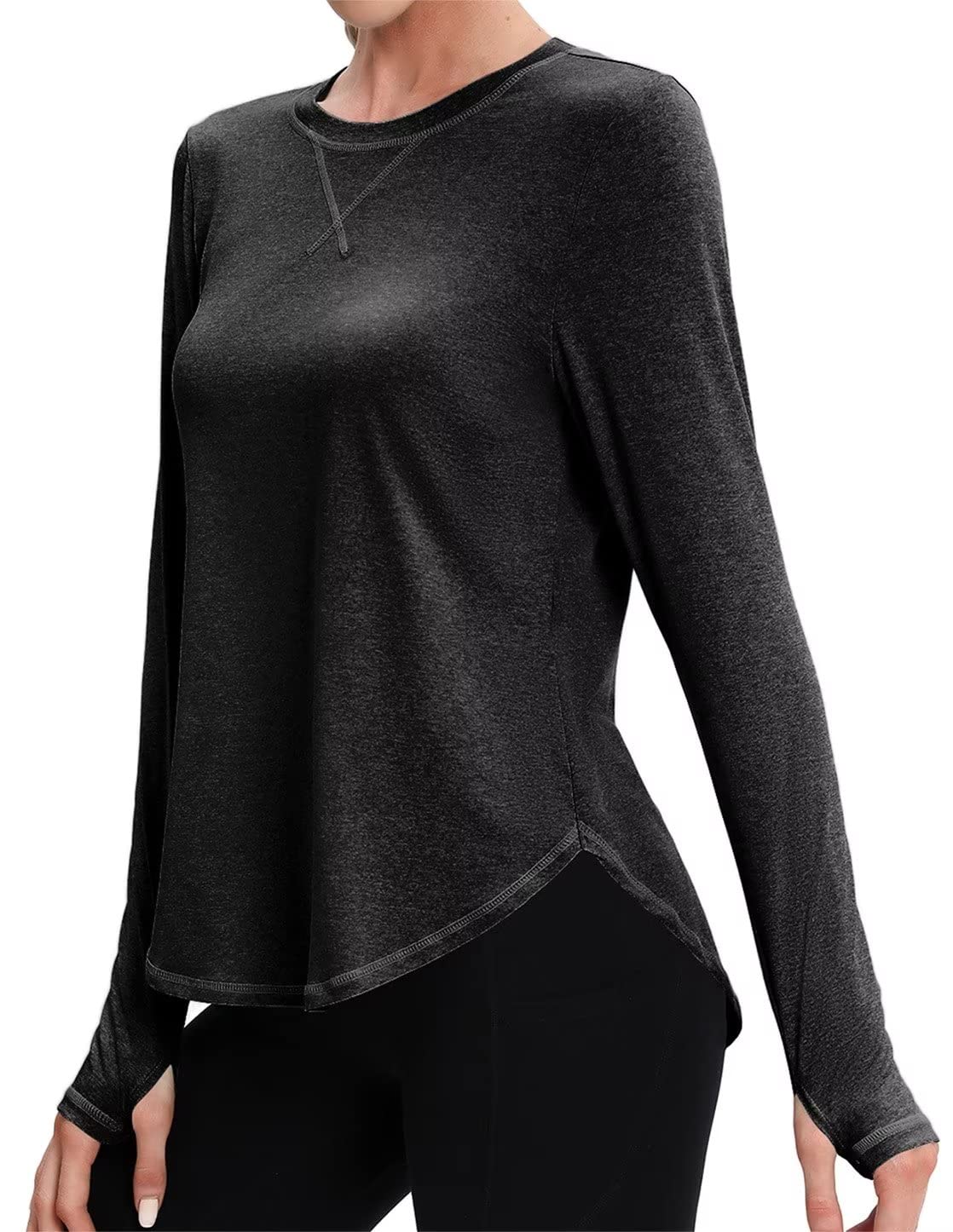 LEEDYA Women's Long Sleeve Workout Shirts Loose Active Tops Sports Gym Exercise T-Shirts Thumb HoleBlack M