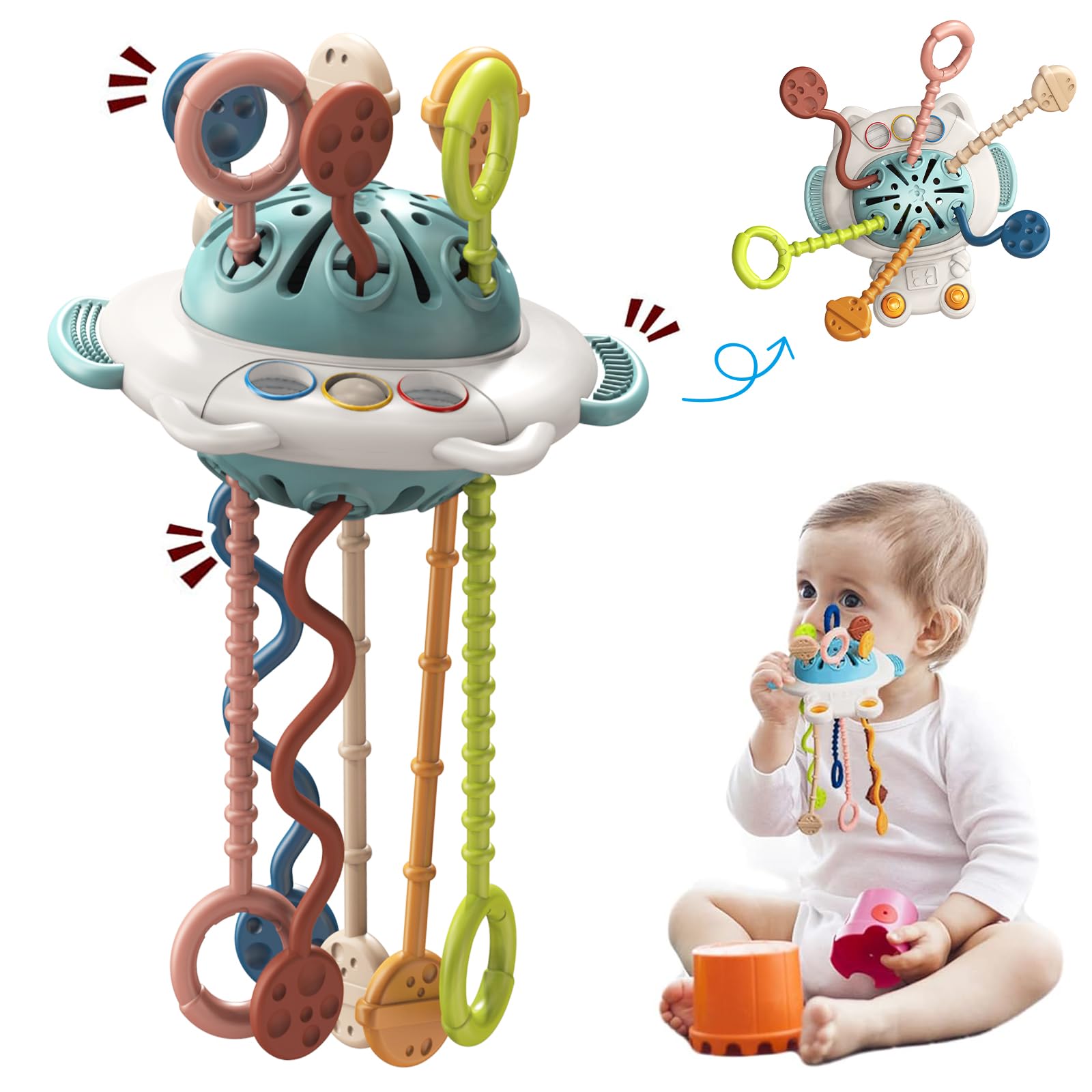 Montessori Pull String Toys for Baby, Silicone Sensory Toys with Food Grade Pull String Activity - Travel Toys, Teething Strings for 1 Year Old Toddler, Early Development Birthday Toy for Babies