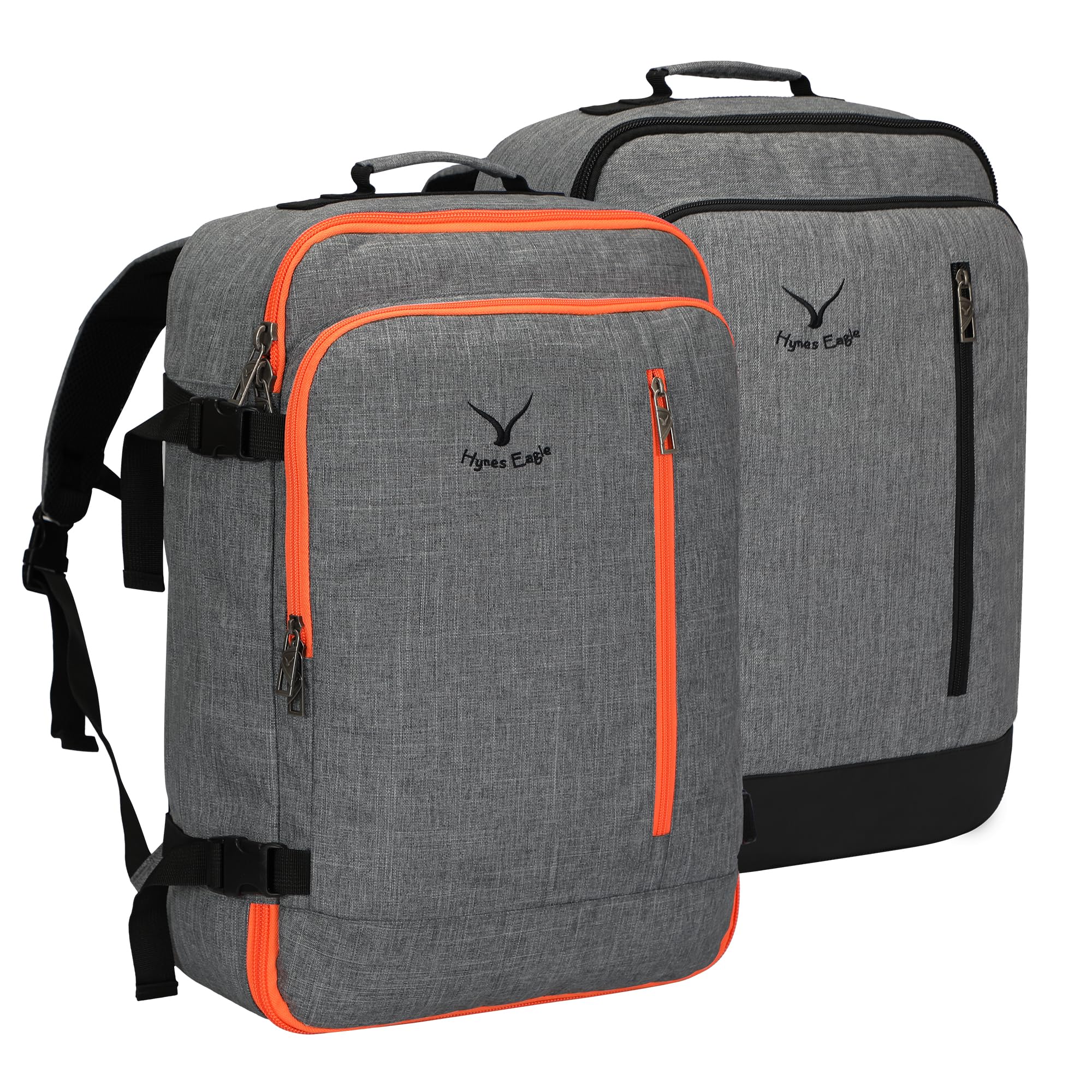 Hynes Eagle Carry on Backpack 38L Large Travel Backpack for Women Flight Approved Weekender Bag Laptop Backpack Men 15 inches Orange Grey with Black Grey