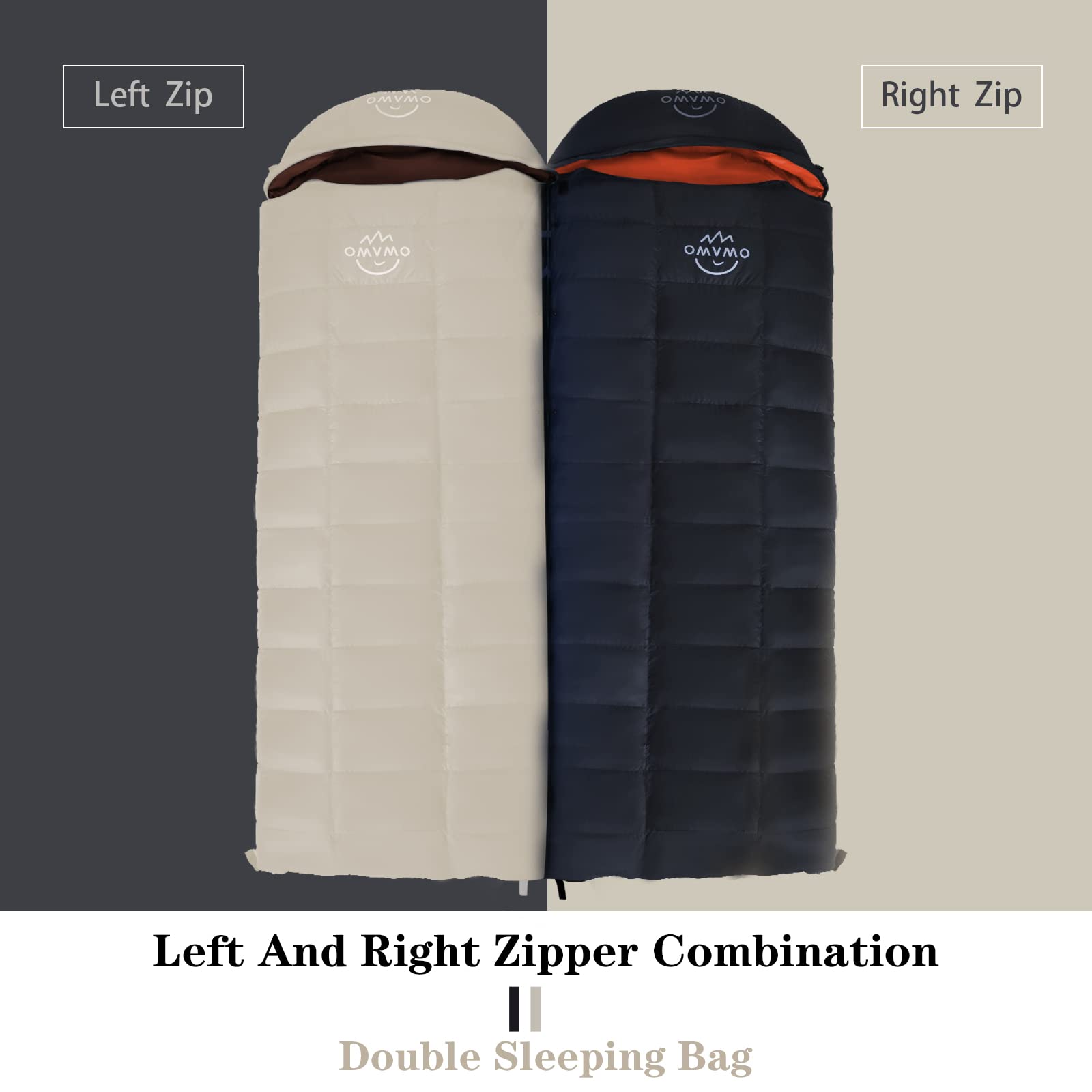 OMVMO 0 Degrees F 800 Fill Power Down Sleeping Bag for Adults,Lightweight 4 Season Envelope Rectangle Down Sleeping Bag for Backpacking Camping,Black Right-Zipper Long
