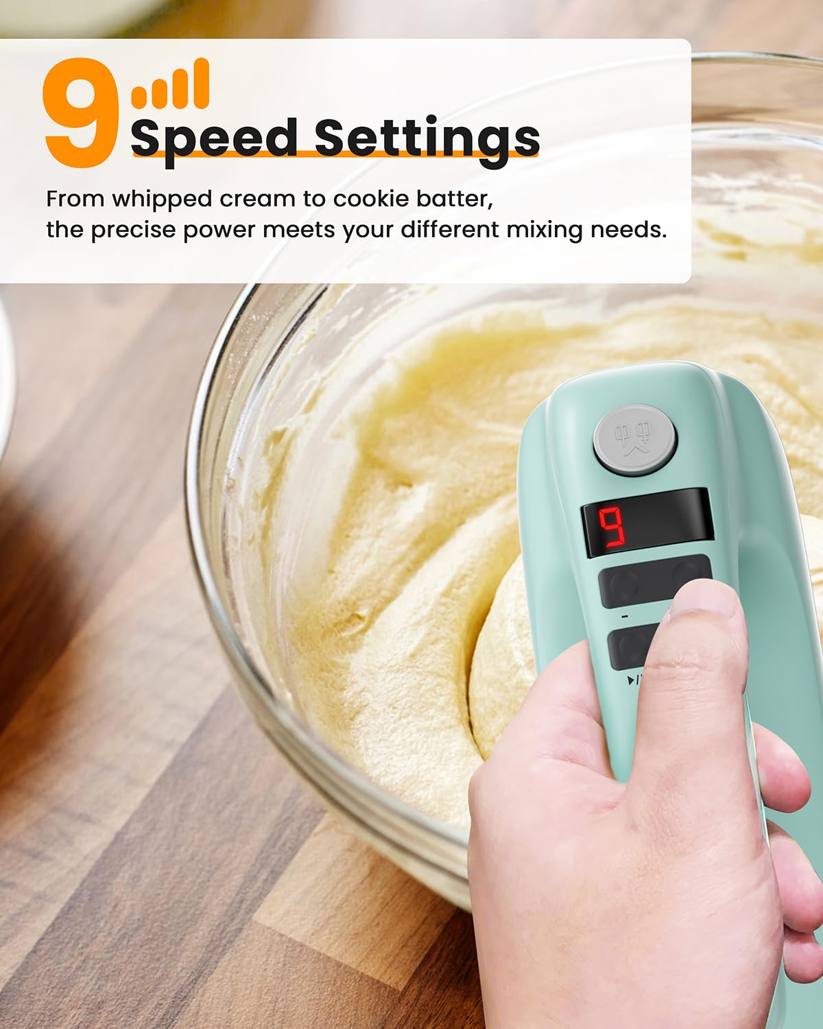 Juimma Hand Mixer Electric Handheld, 9-Speed 400W Kitchen Food Mixer with Digital Display and Touch Button, 5 Min Timer, Storage Case, 6 Stainless Steel Accessories, for Eggs Cream Cake Dough, Mint