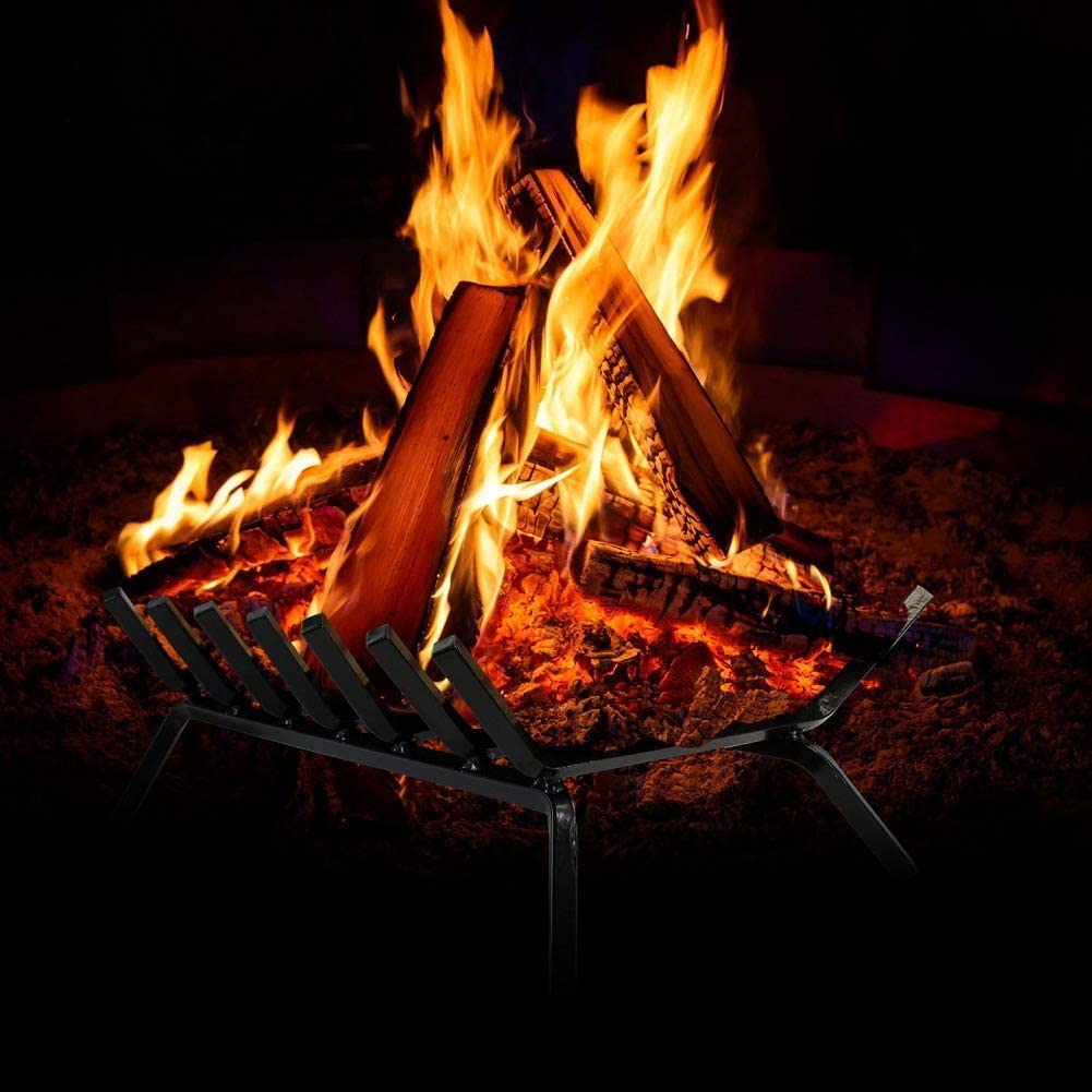 INNO STAGE Fireplace Grates with Gloves, Firewood Fire Wood Log Holder Rack 23.5 Inch Inside Wrought Cast Iron Grill Fireplace Log Grate for Outdoor Camping Cooking