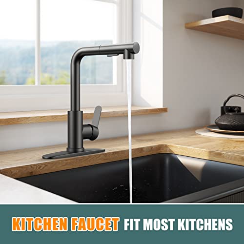 Kitchen Faucets, Matte Black Faucet with Pull Down Sprayer and Deck Plate, Stainless Steel Commercial Utility Faucets for Sink 3 Hole Bar Rv Camper Laundry Outdoor Farmhouse