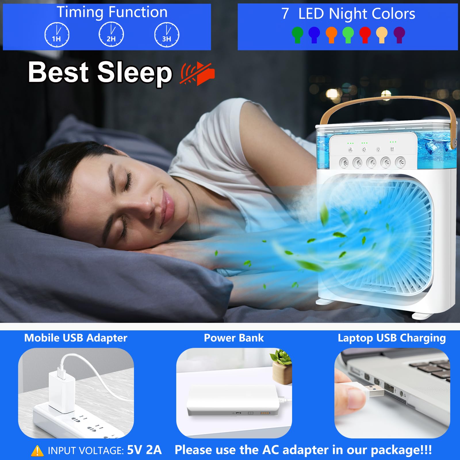 Portable Air Conditioners - Small Portable AC Quiet Personal Air Cooler,USB Powered Mini Desktop Cooling Misting Fan, 1/2/3 H Timer, 3 Speeds,360°Adjustment,for Office, Home, Room,Desk,Car - White