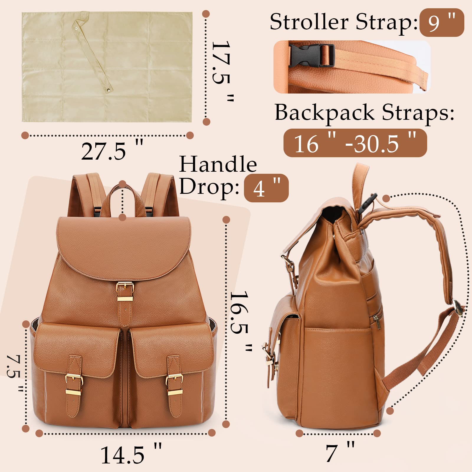 Omanmoli Diaper Bag Backpack Baby Diaper Bag, Leather Diaper Bag, Diaper Bag Organizer with 12 Organizing Pouches,Changing Pad,Shoulder Straps,Stroller Straps(Brown)