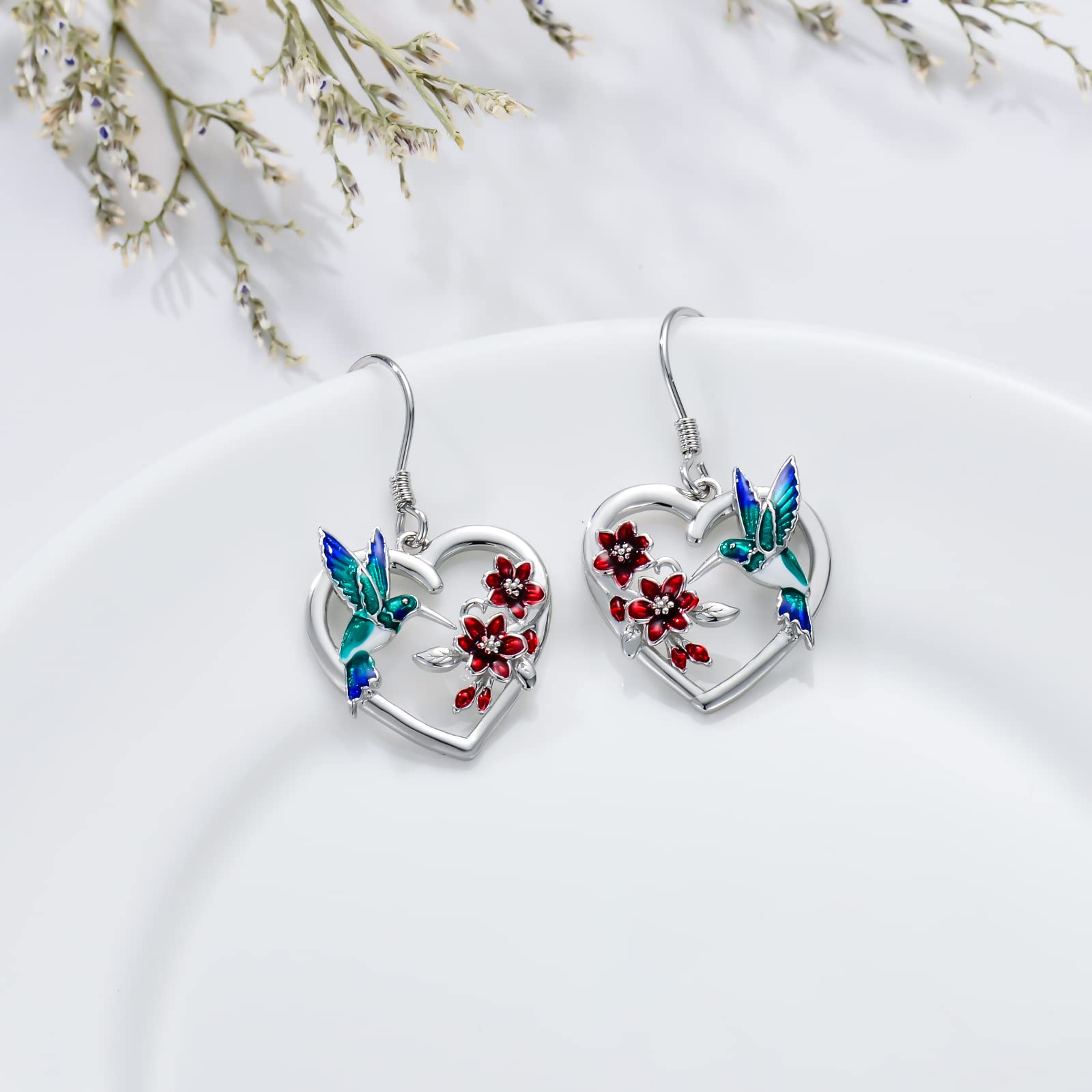 LONAGO Hummingbird Earrings for Women Sterling Silver Hummingbirds Heart Dangle Earring Gift for Women