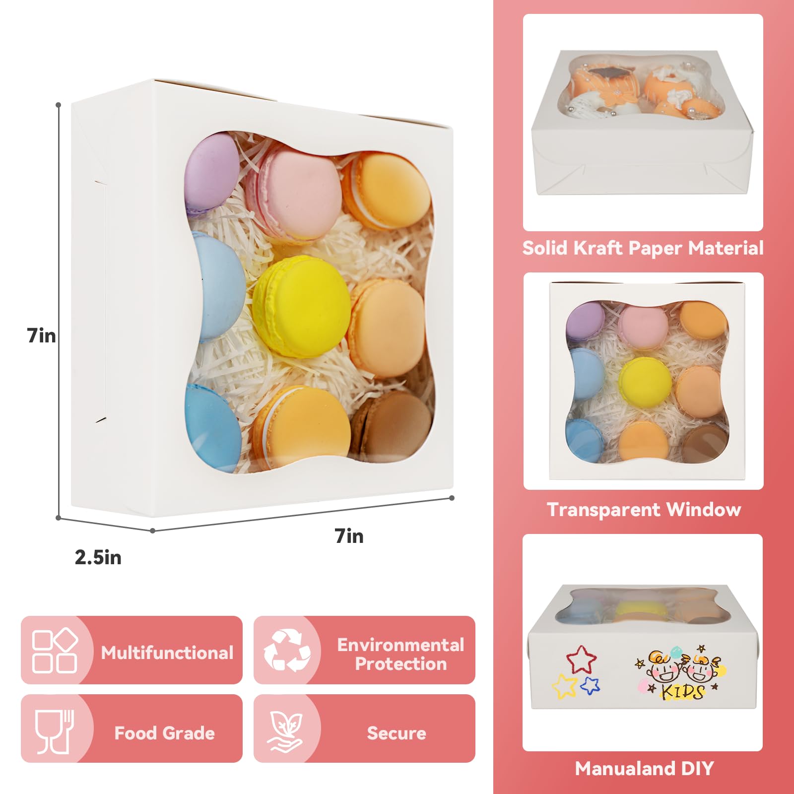 HRUNDKING 30PCS Cupcake Boxes7×7×2.5Inch,Gift Box,Cake Boxes,Cookie Boxes with Window,Bakery Boxes,Biscuit Box,Macaron Boxes,Mini Bundt Cake Containers,Food Packaging Treat Boxes