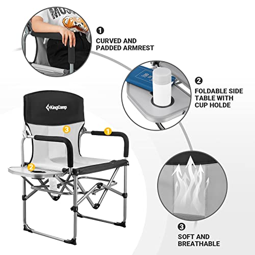 KingCamp Camping Director Chair for Adults Heavy Duty Folding Lawn for Outside with Side Table Mesh Back Padded Armrest for Outdoor Beach Backyard, Support 300 lbs, Black/Mediumgrey