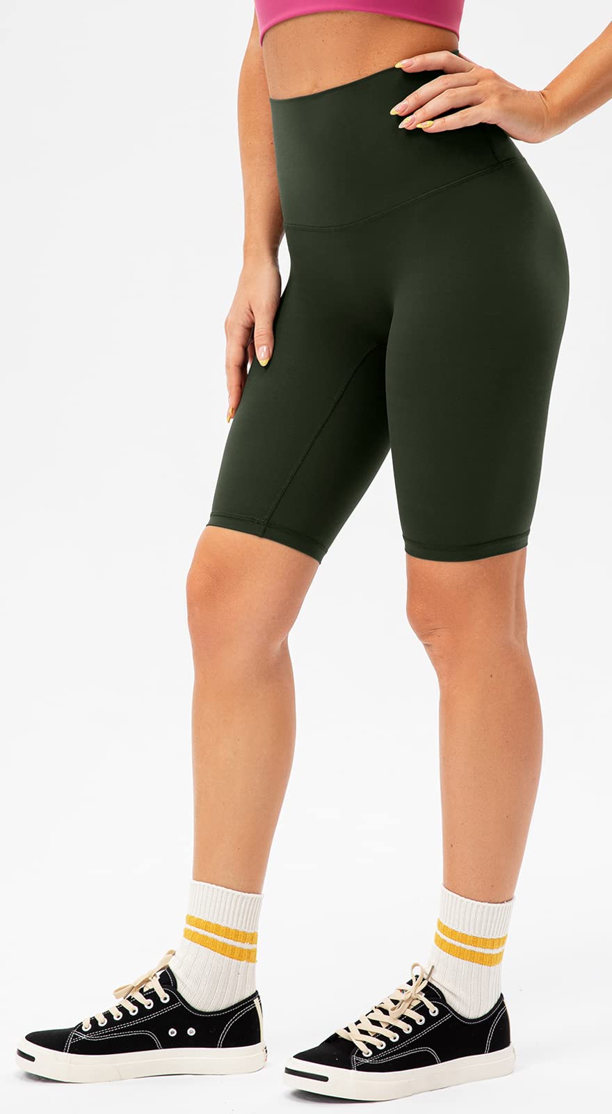 Lavento Women's All Day Soft Light Yoga Shorts - High-Rise Workout Active Biker Shorts for Women (Dark Moss Green, 6)