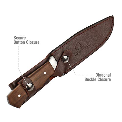 Mossy Oak 11-inch Full-tang Fixed Blade Knife with Leather Sheath, Clip Point Blade and Wood Handle, for Outdoor Survival, Camping