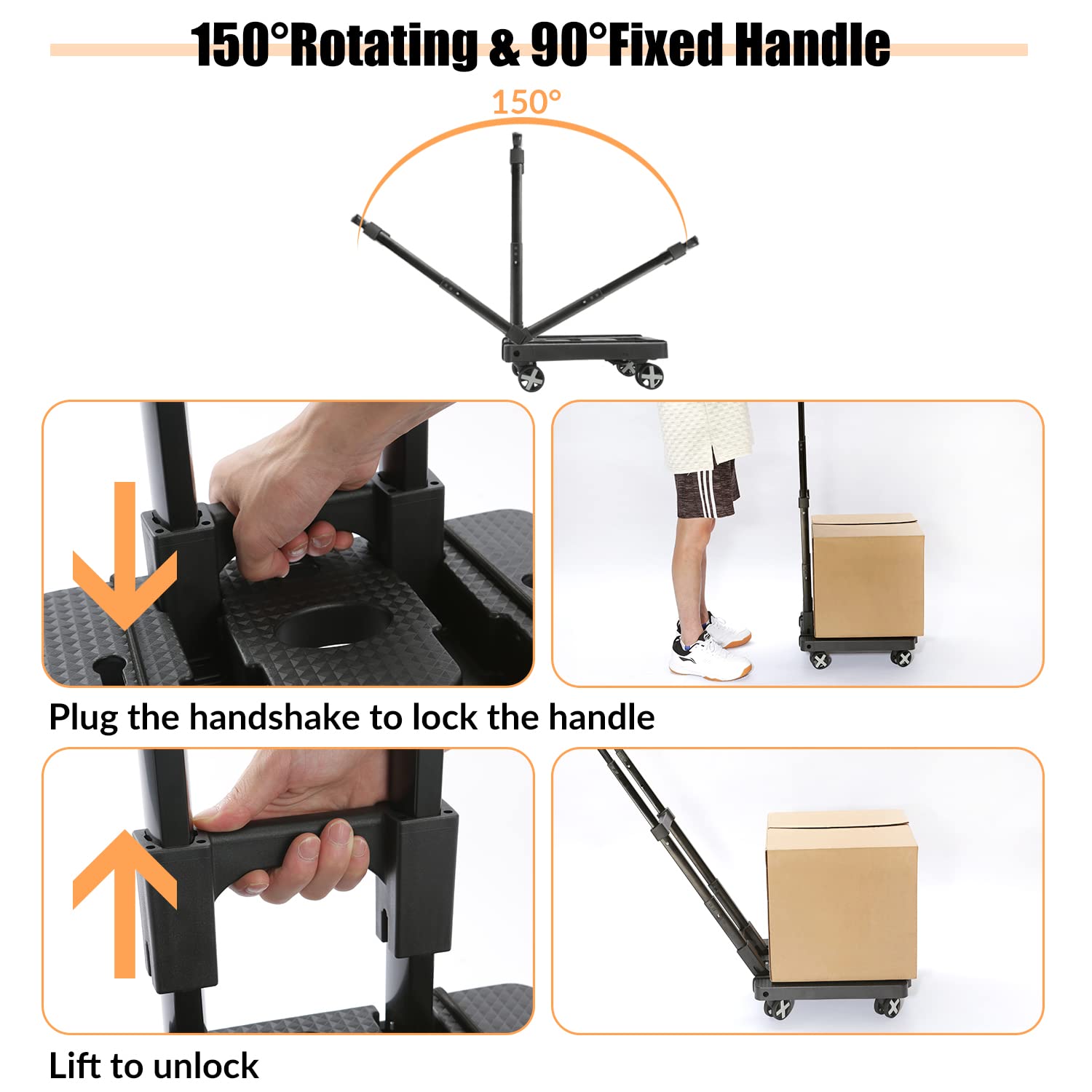 Poofzy Portable Folding Hand Truck Dolly Cart 110 Ibs Load with 4 Rotate Silent Wheels, 90° Fixed & Telescopic Collapsible Handle for Luggage Travel Moving