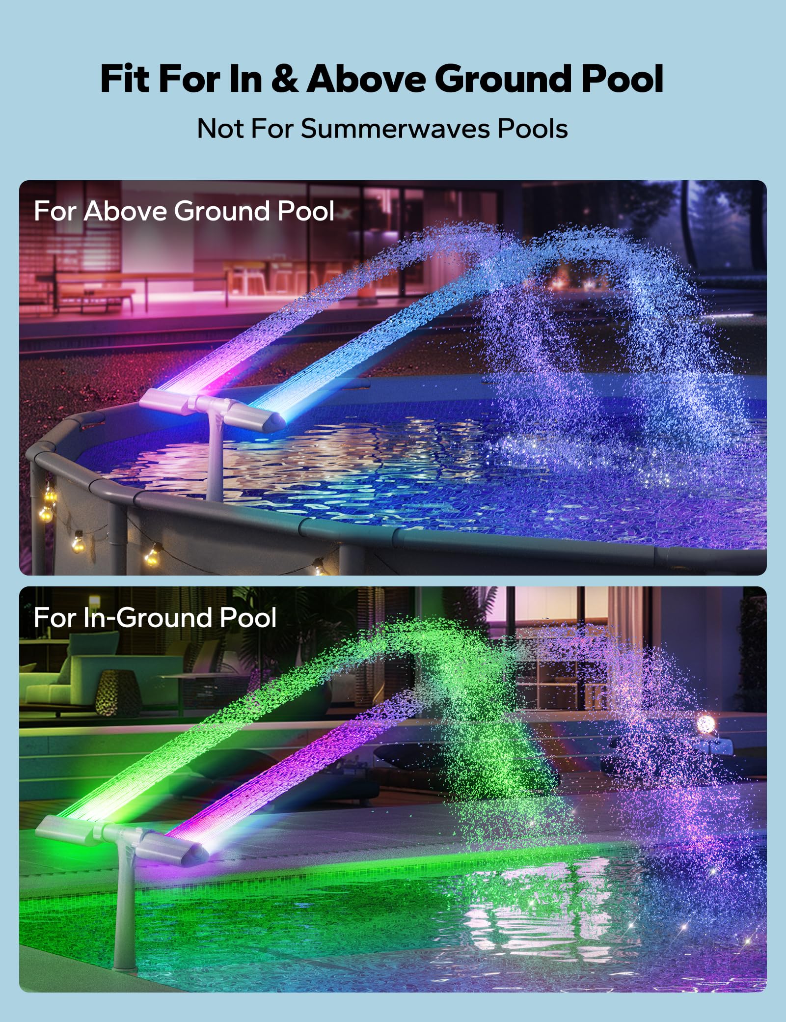 POOLHACKER Pool Fountain with 7-Color LED Lights, Above/Inground Pool Fountain Lights with Remote Control, Adjustable Pool Sprinkler Fountain with Dual Spray Heads, Above Ground Pool Cooling System