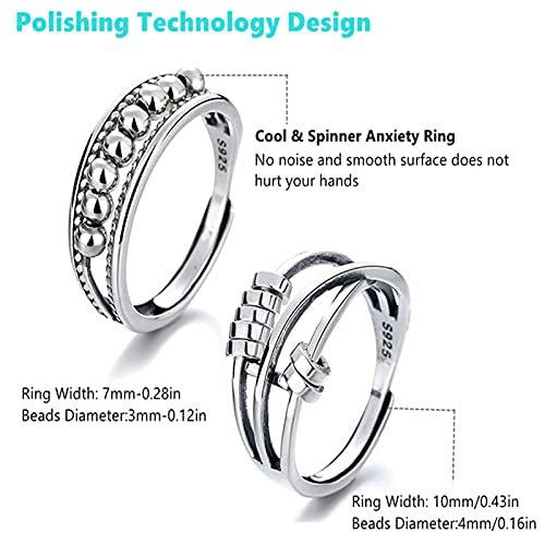 LETINE 2Pcs Fidget Rings with Beads Spinner Rings for Anxiety, Unisex Adjustable Stacking Spinning Worry Ring Size 6-10 (Silver)