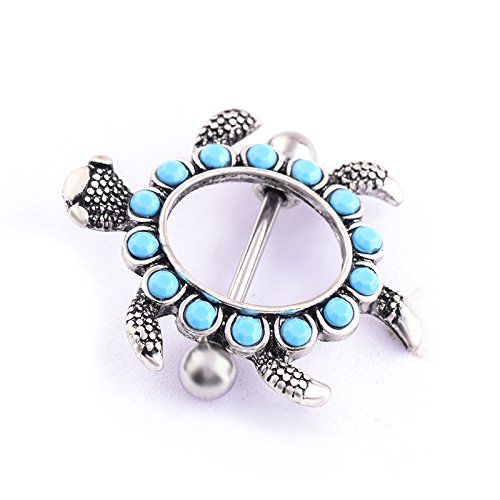 IPINK- Pair of Turtle Design with Aqua Gems Nipple Shields 14G