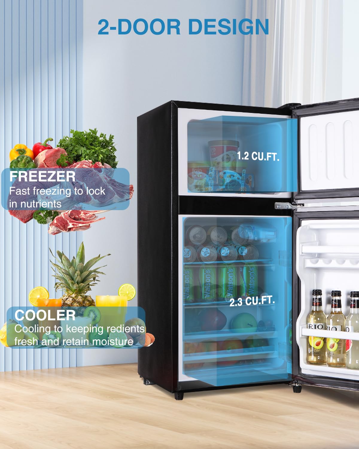 IORBUR KRIB Bling FLS-80-Black 3.5Cu.Ft Compact, Small Refrigerator with Freezer, Retro Fridge with Dual Door, 7 Level Adjustable Thermostat for Garage, Dorm,Bedroom, Office, Apartment, Black