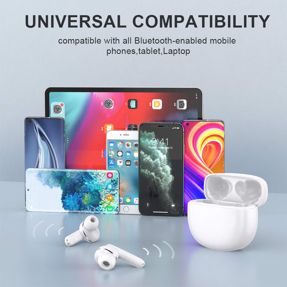 KINGSTAR Wireless Earbuds, Bluetooth 5.0 Touch Earphones Control TWS Headphone Stereo Type-C Quick Charge in Ear Headset with Single Twin Mode Headphones for Mobile Phones Tablet Laptop (White)