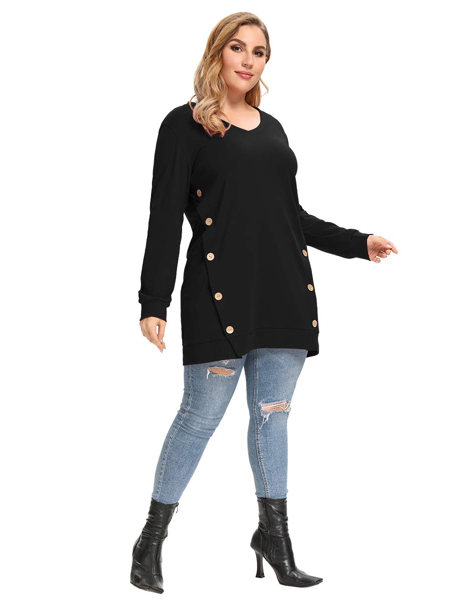 LARACE Plus Size Sweatshirts For Women Tops V-neck Side Split Button Up Shirts Long Sleeve Lightweight T-shirts(Black M)