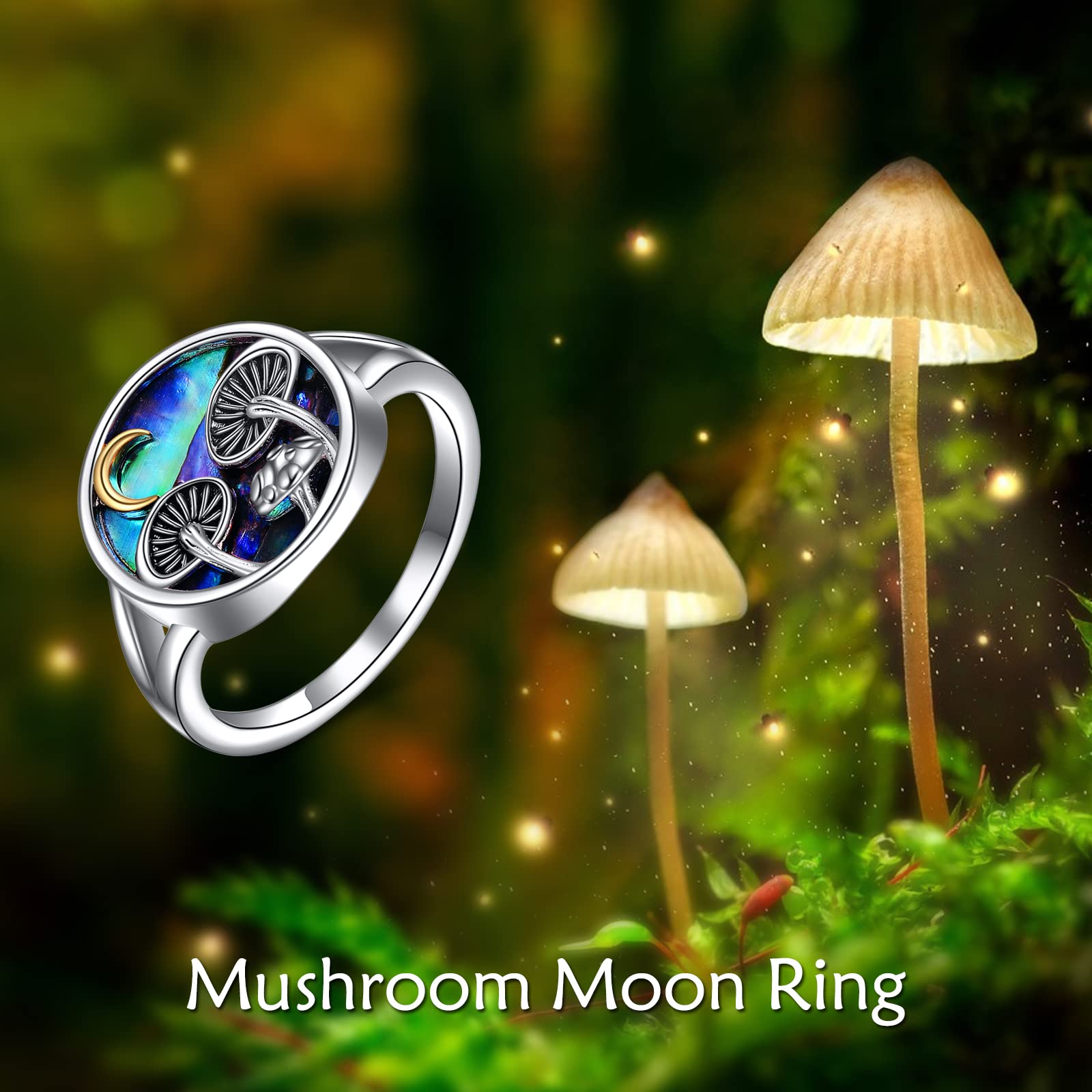 ONEFINITY Magical Mushroom Rings S925 Sterling Silver Abalone Shell Mushroom Moon Ring Birthday Gifts For Women