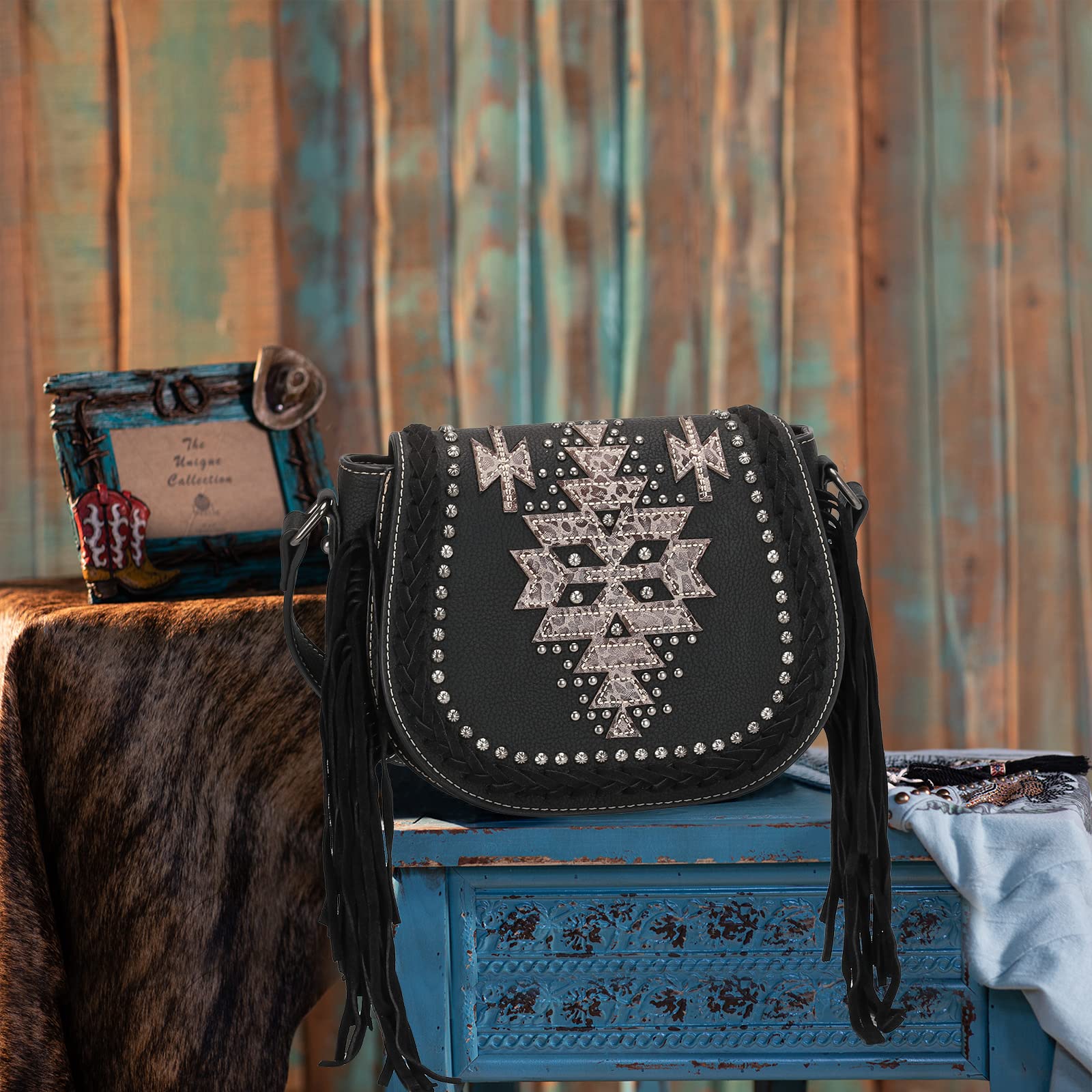 Montana West Aztec Collection Crossbody Purses for Women Western Purses Large Shoulder Bag with Tassel MW1128-8360BK