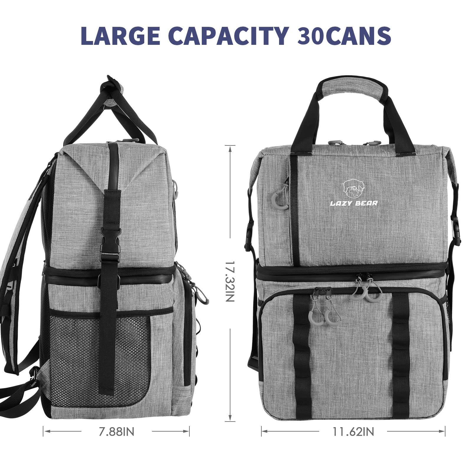Lazy Bear Cooler Backpack Keeps 30 Cans Cold for 24 Hours Waterproof Leak Proof Soft Double Layer Detachable Multifunctional Insulated Fishing Shopping Camping Road Trips