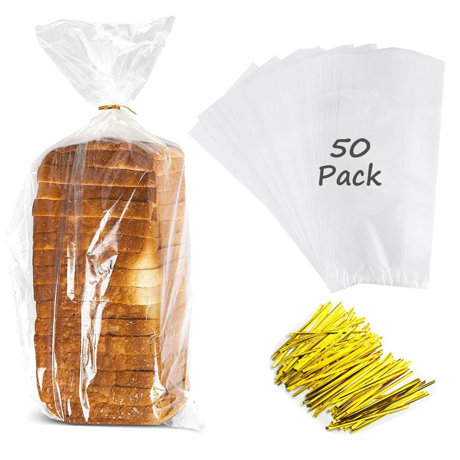 Large Bread Bags with Ties, 8 x 4 x 18", 50 Pack, Clear, Reusable, Bulk Bread Bags for Homemade Bread, Plastic Bakery Bags, Clear Bread Loaf Packing Bags