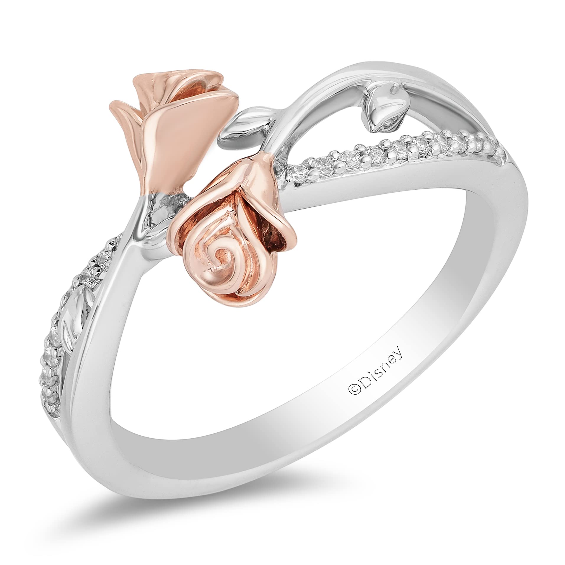 Jewelili Enchanted Disney Fine Jewelry 14K Rose Gold over Sterling Silver 1/10 Cttw Diamond Belle Rose Fashion Ring Size 8
