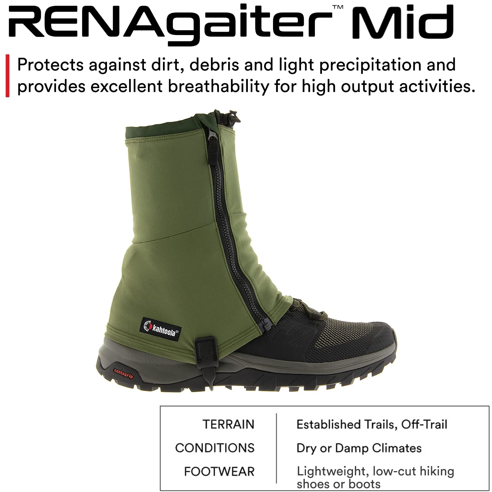 Kahtoola RENAgaiter Mid Gaiters for Hiking, Mountaineering, Trail Running, Shoe & Boot Protection in Mud, Snow & Ice - Ponderosa Green - Small|Medium