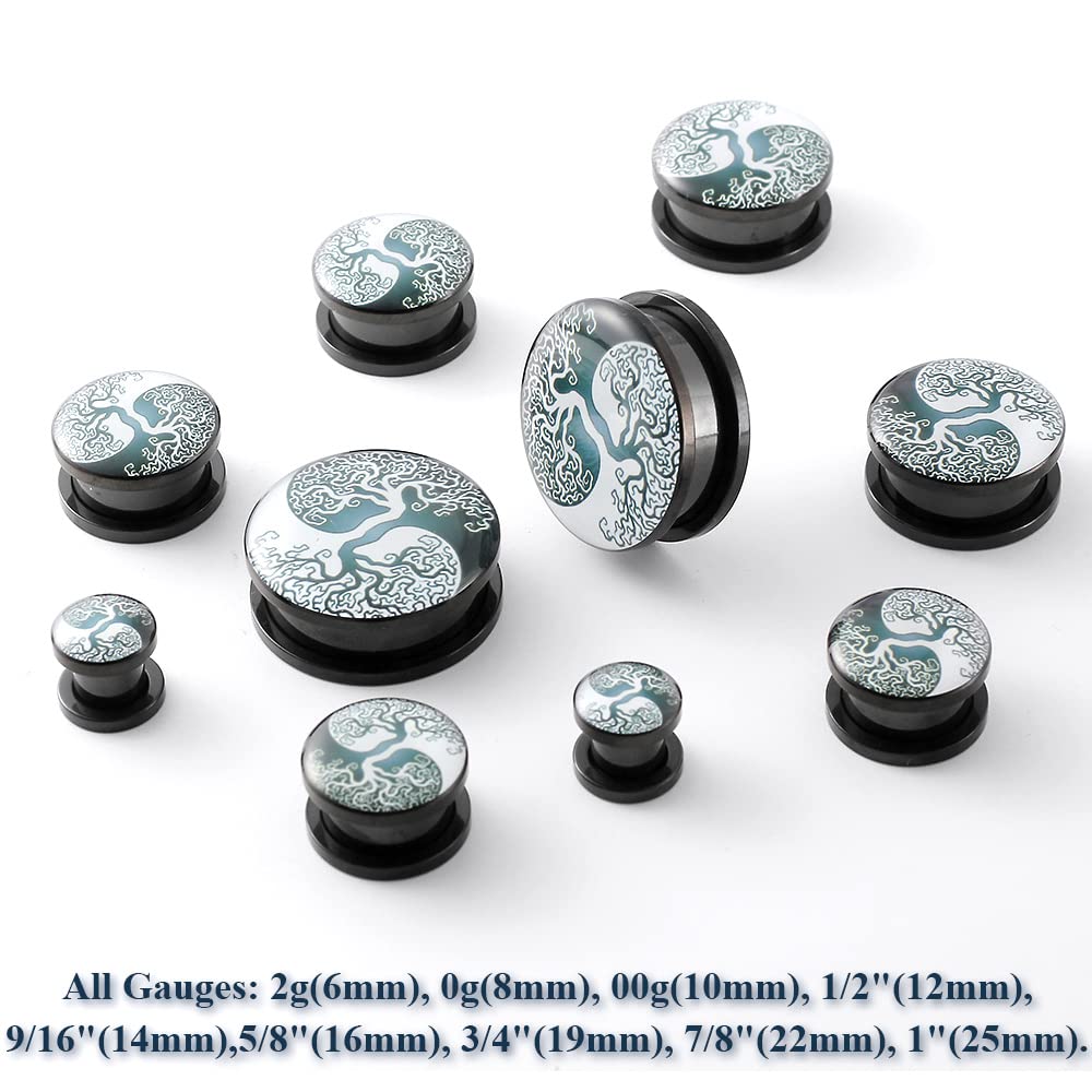 LADEMAYH 2 PCS Tree Pattern Ear Plugs Tunnels Gauges for Women - Black Stainless Steel 316L Body Piercing Basic Earrings for Stretched Earlobe 12mm=1/2"