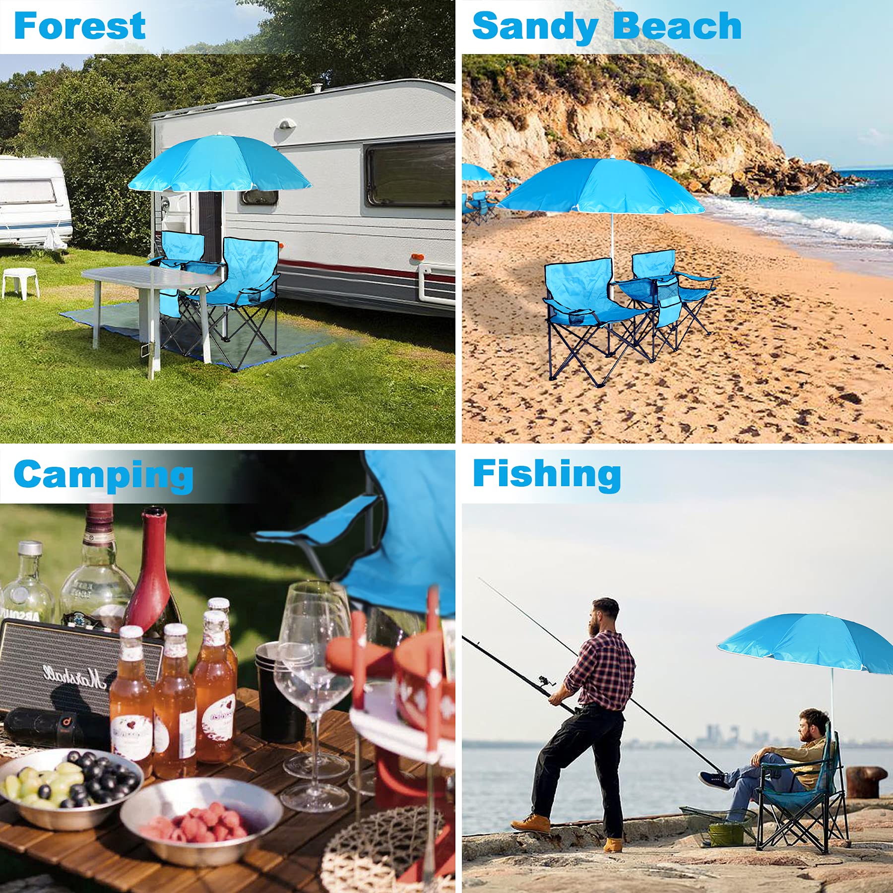 LAZZO Double Folding Camping Chairs, Portable Camping Chairs w/Removable Umbrella Mini Table Cooler Bag, Outdoor Picnic Double Folding loveseat Camp Chairs for Beach Patio Pool Park (Pineapple)