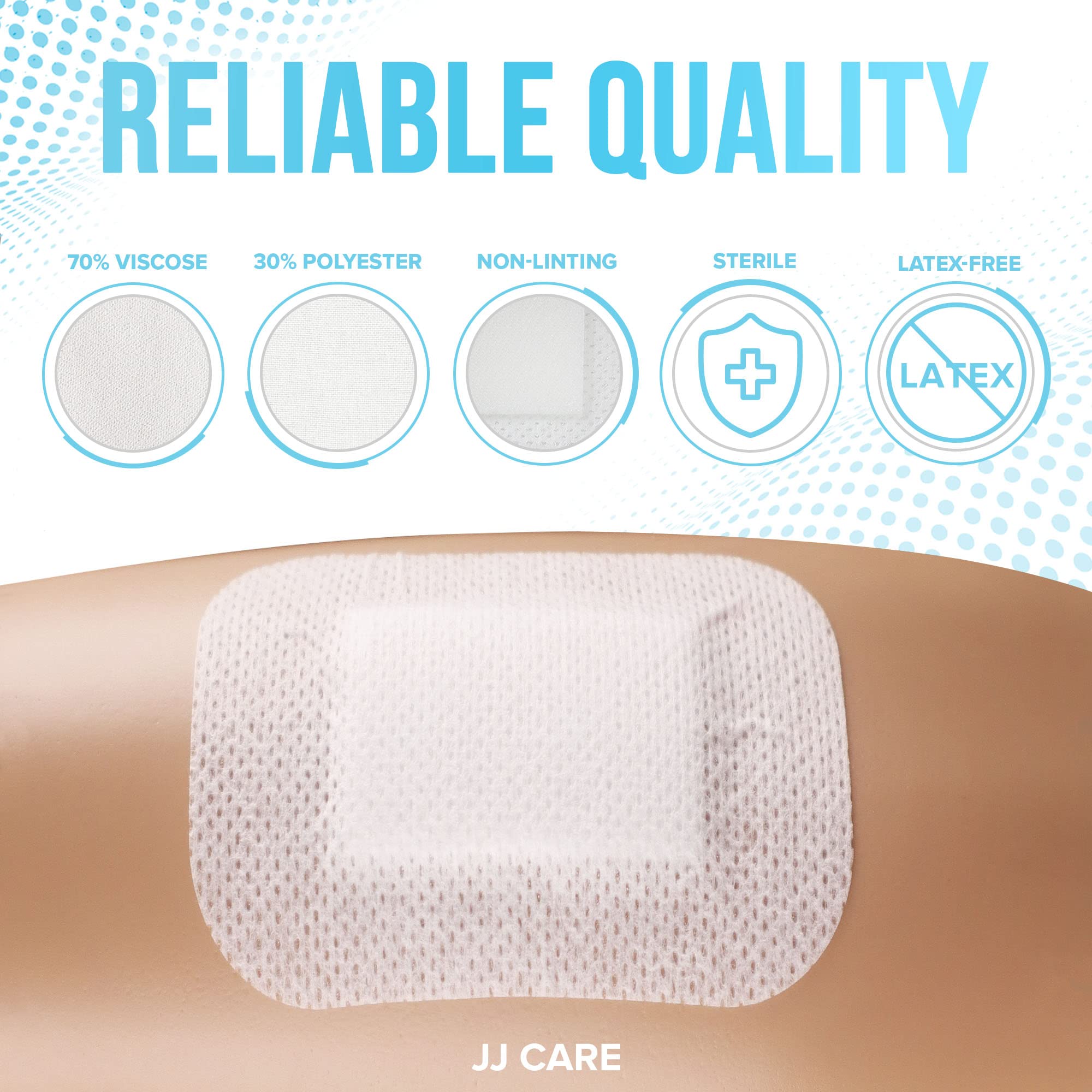 JJ CARE Adhesive Island Dressing [Pack of 50], 4x4 Sterile Bordered Gauze Dressing, Breathable, Individually Wrapped Island Wound Bandages with Highly Absorbent Non-Stick Center Pad
