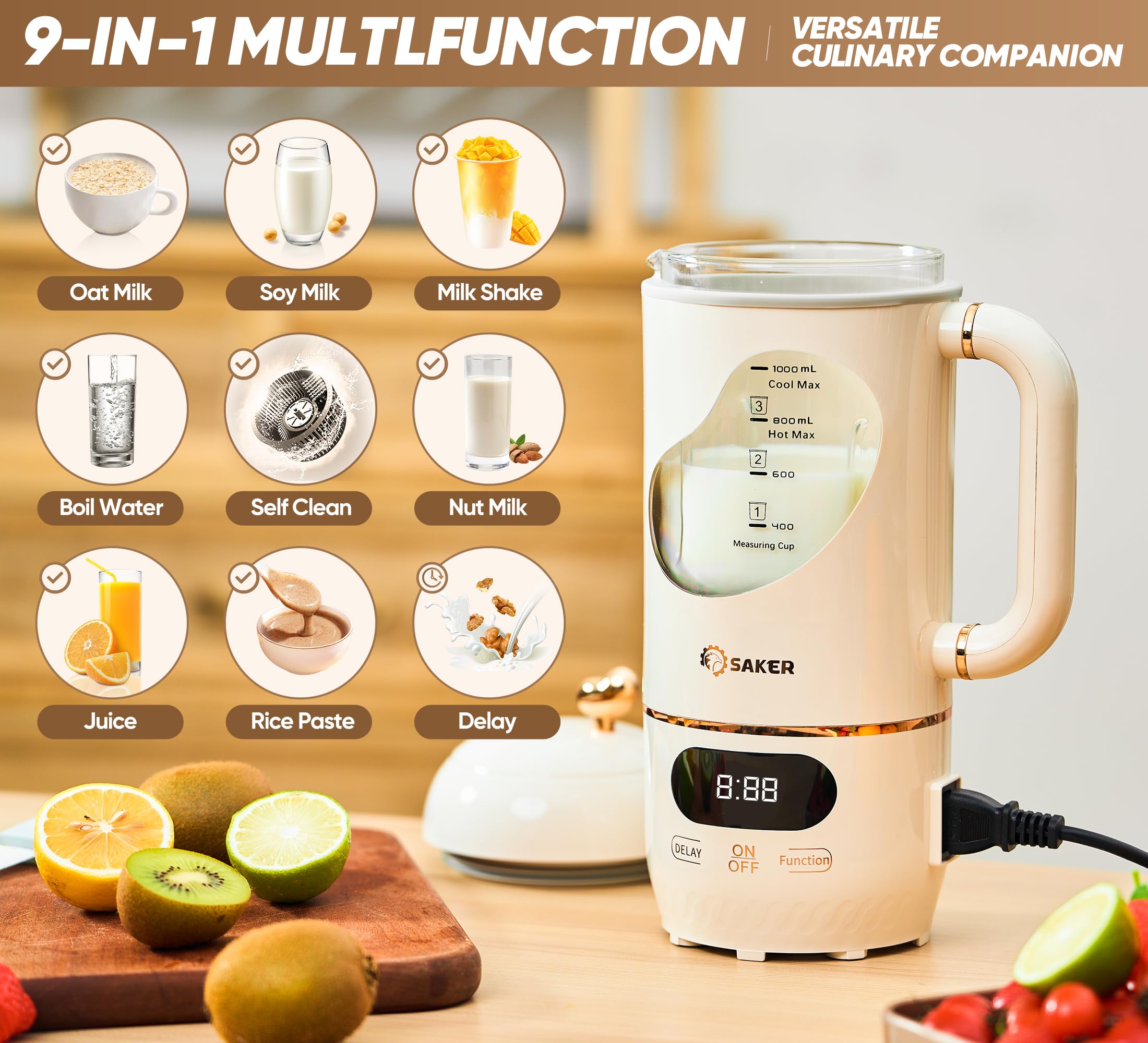 SAKER Automatic Nut Milk Maker,35oz Homemade Almond, Oat, Soy, Plant-Based Milk and Dairy Free Beverages, Almond Milk Maker with Delay Start/Keep Warm/Boil Water, Soy Milk Maker