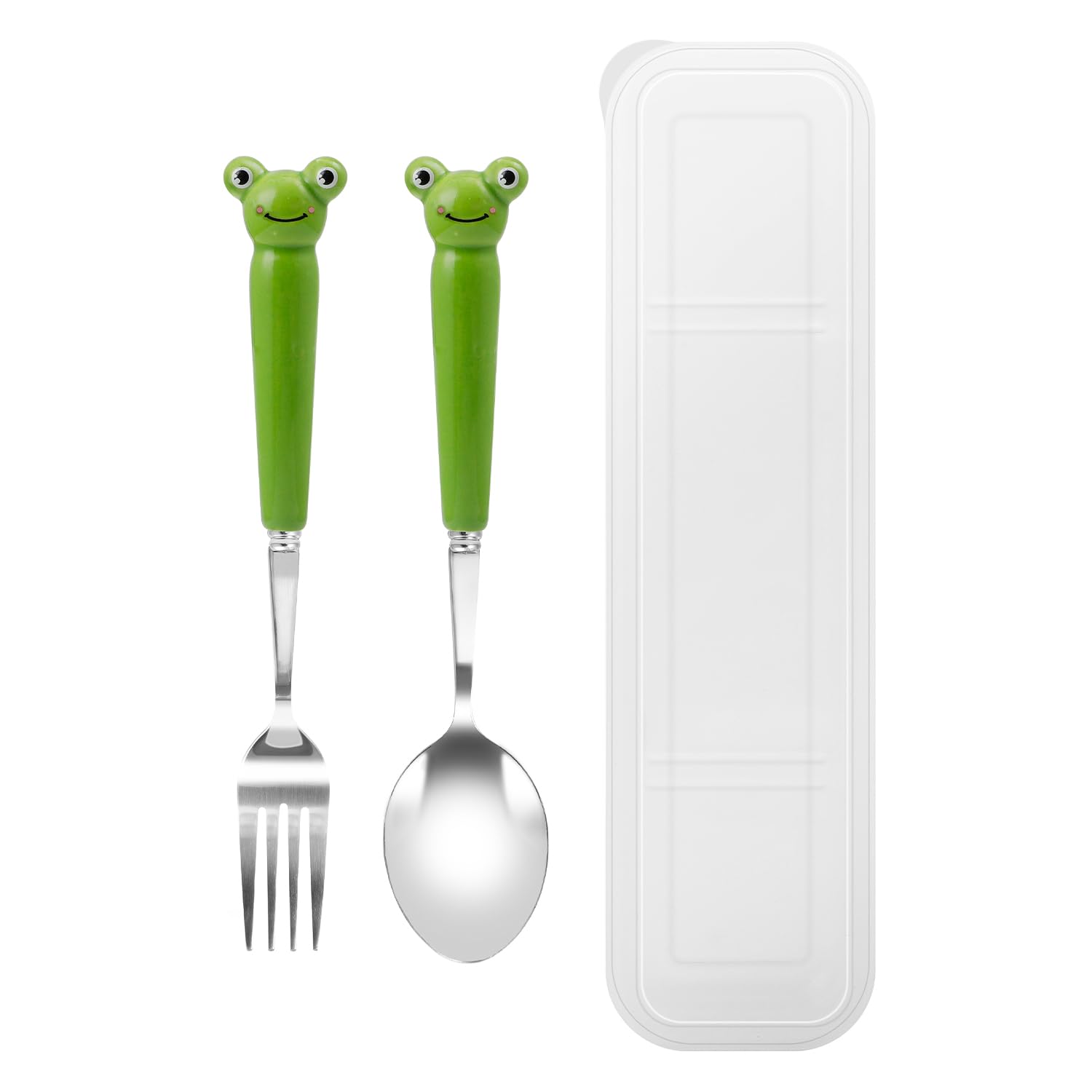 Kawaii Frog Reusable Flatware Cartoon Crocodile Portable Camp Travel Tableware Utensils Case with Stainless Steel Fork Spoon (Frog)