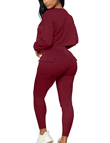 Kaximil Women's Workout 2 Piece Outfits Long Sleeve Crop Top Legging Pants Jogger Set Tracksuit, Large, Wine Red