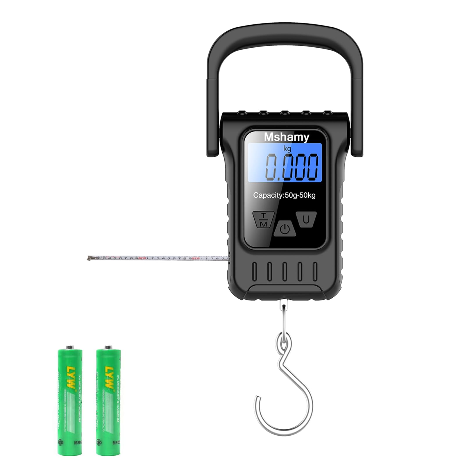 Mshamy Luggage Scale110lbs/50kg Digital Fishing Scale with Backlit LCD Display, Hanging Scale with Portable Large Handle Measuring Tape, Suitcase Scale for Travel Include 2 AAA Batteries