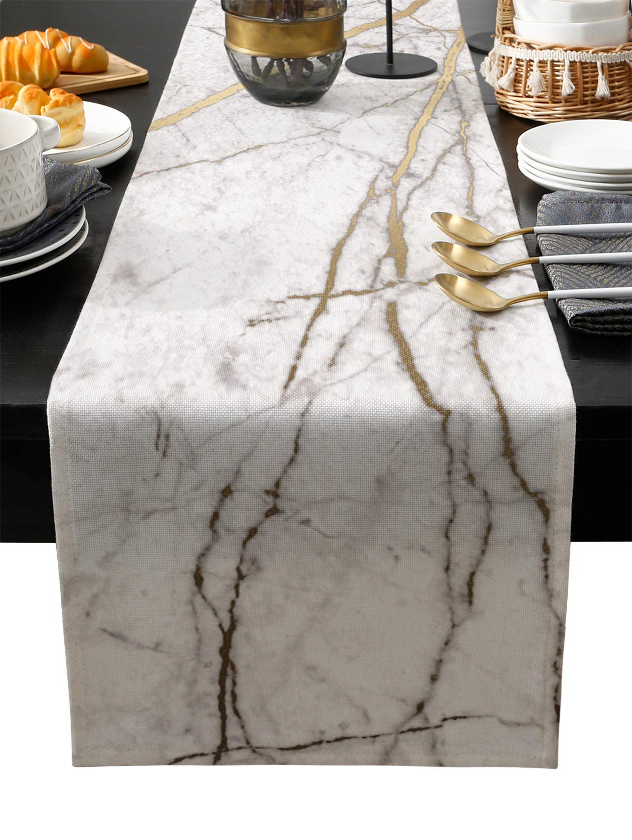 Marble Table Runner-Cotton linen-Long 120 inche White Gray Gold Dresser Scarves,Texture Tablerunner for Kitchen Coffee/Dining/Sofa/End Table Bedroom Home Living Room,Scarfs Decor for Holiday Dinner