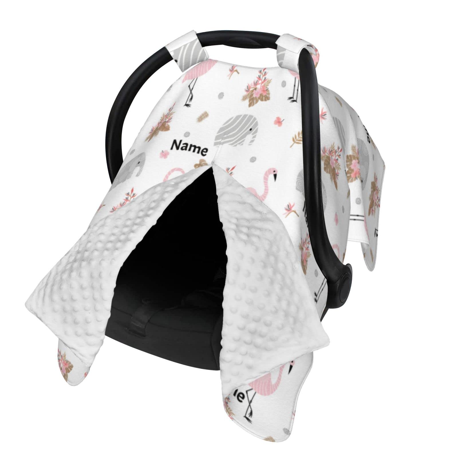 Personalized Baby Car Seat Cover Custom Name Childish Boho Elephant Flamingo Infant Carseat Canopy Multi-Use for Newborn Stroller Nursing Breastfeeding Cozy Soft Gift