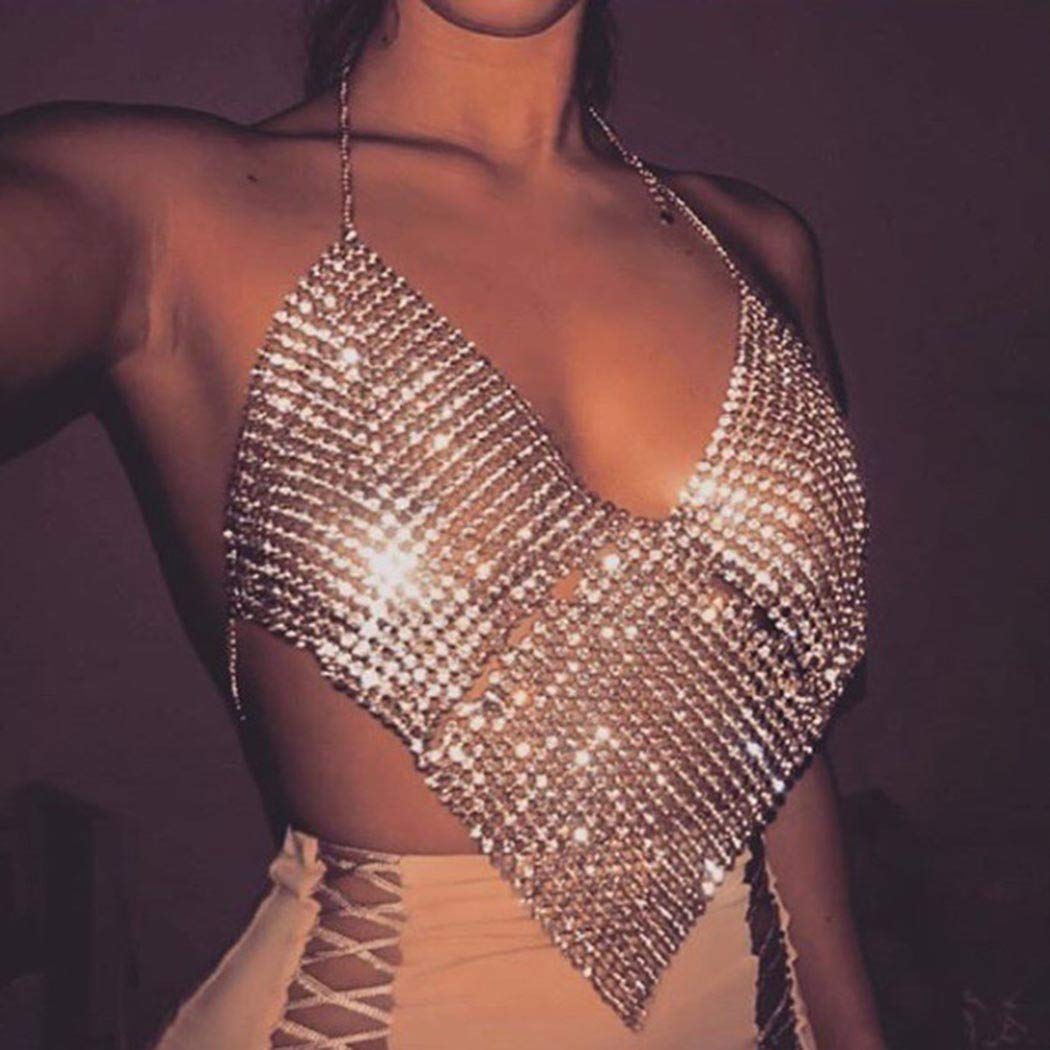 Jeweky Boho Crystal Body Chain Gold Rhinestone Body Jewelry Sexy Beach Bikini Bra Jewelry for Women