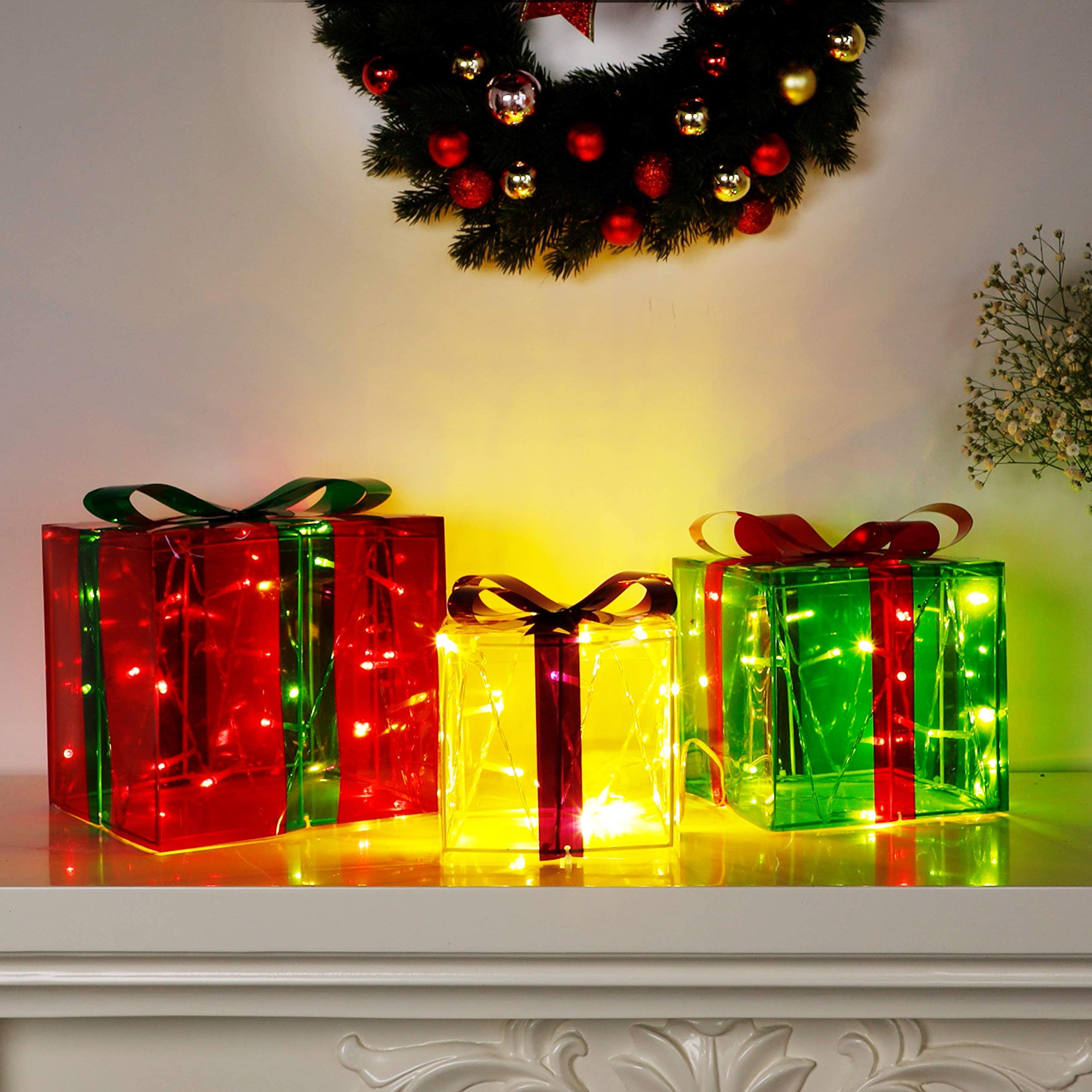 Joliyoou Christmas Lighted Gift Boxes, Set of 3 Light Up 60 LED Deocr Outdoor, Light Up Christmas Boxes Present Decorations Outdoor Yard Red Green Yellow