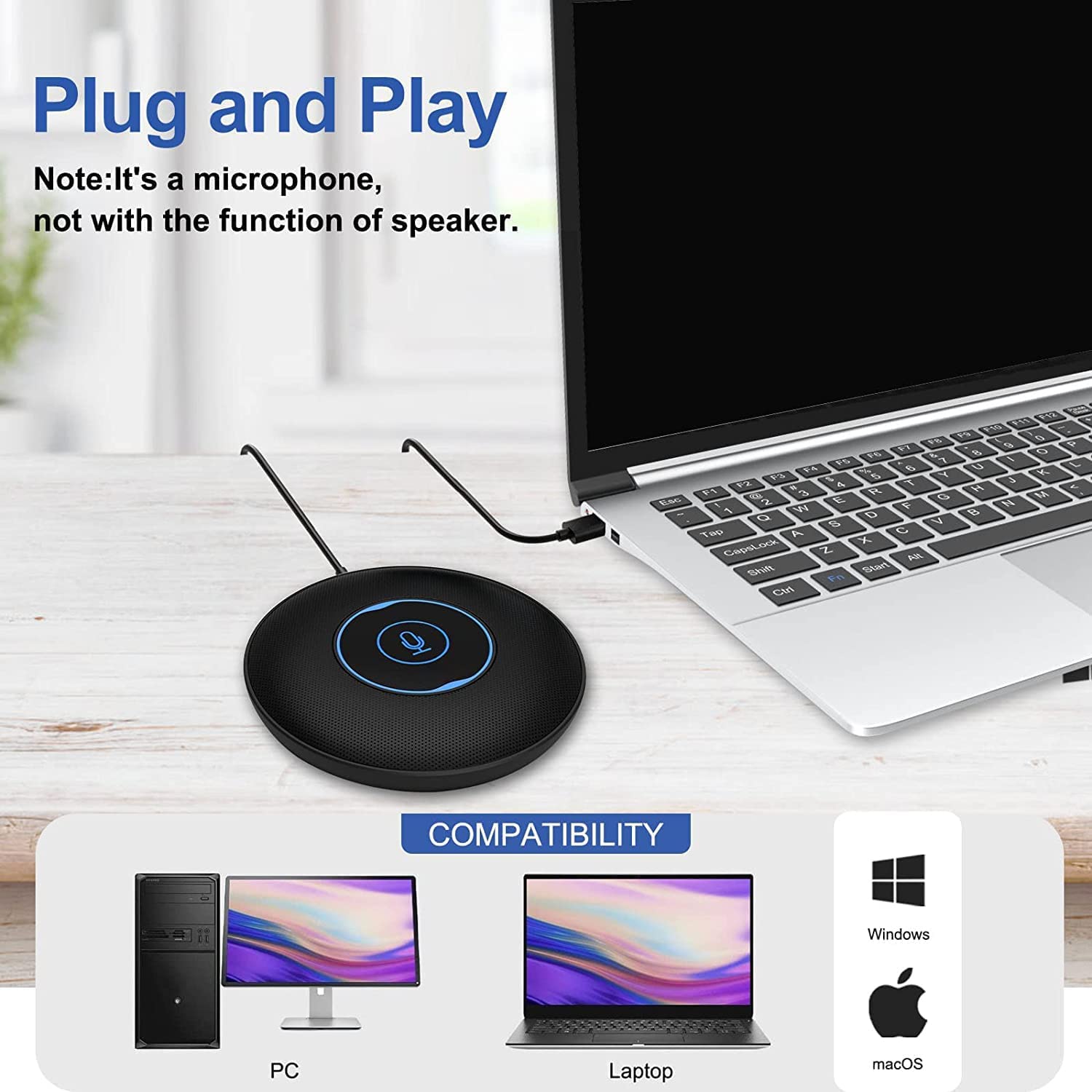 PERWHY Conference USB Microphone, 360° Omnidirectional Laptop PC Computer External Conference Mic with Mute Button, Compatible with MacOS Windows for Zoom Meeting, Online Learning, Skype VD60