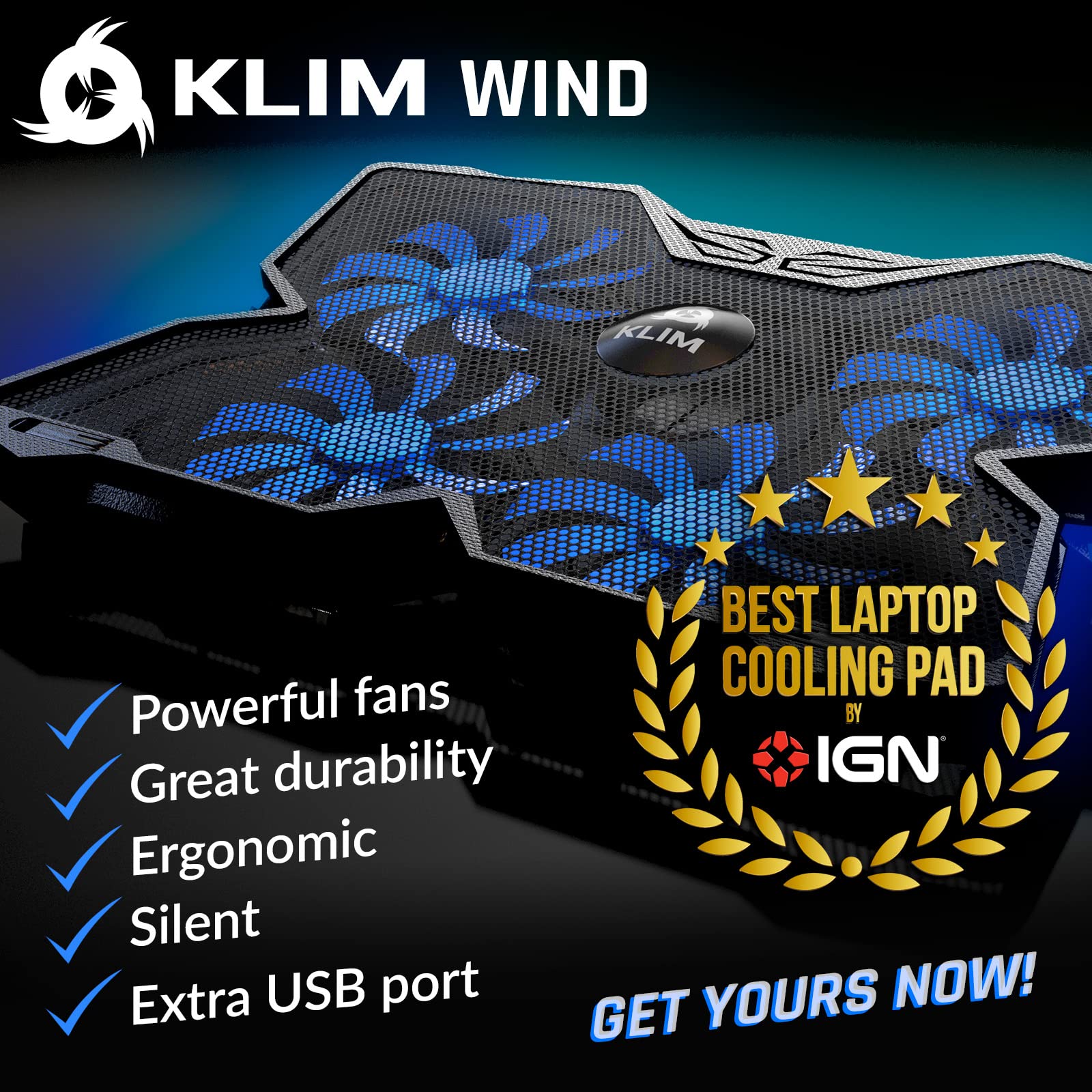 KLIM Wind Laptop Cooling Pad - More Than 500 000 Units Sold - New Version 2024 - The Most Powerful Rapid Action Cooling Fan - Laptop Stand with 4 Cooling Fans at 1200 RPM - USB Fan - PS5 PS4 - Blue