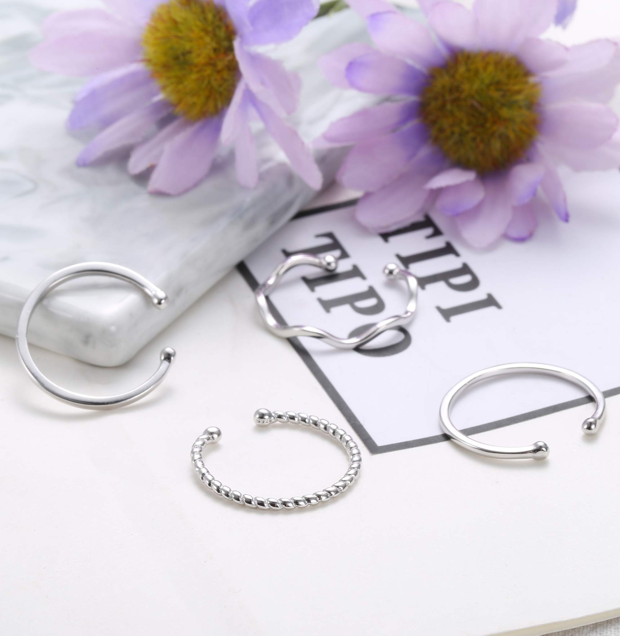 JOERICA 4 Pcs 925 Sterling Silver Rings for Women Hypoallergenic Open Thin Band Rings Adjustable Minimalist Plain Twist Stackable Rings Set